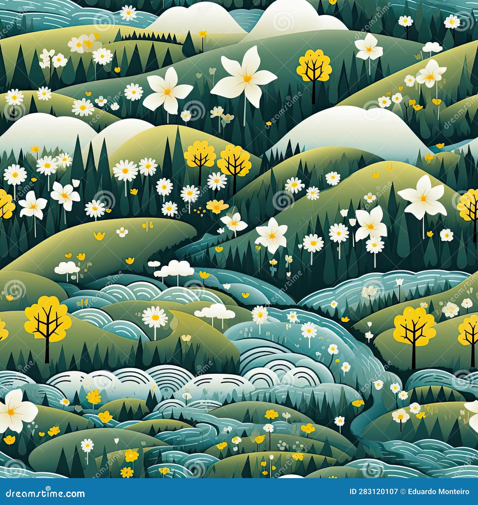 Scenic Mountain Scenes with Floral Patterns and Gentle Whimsy (tiled ...