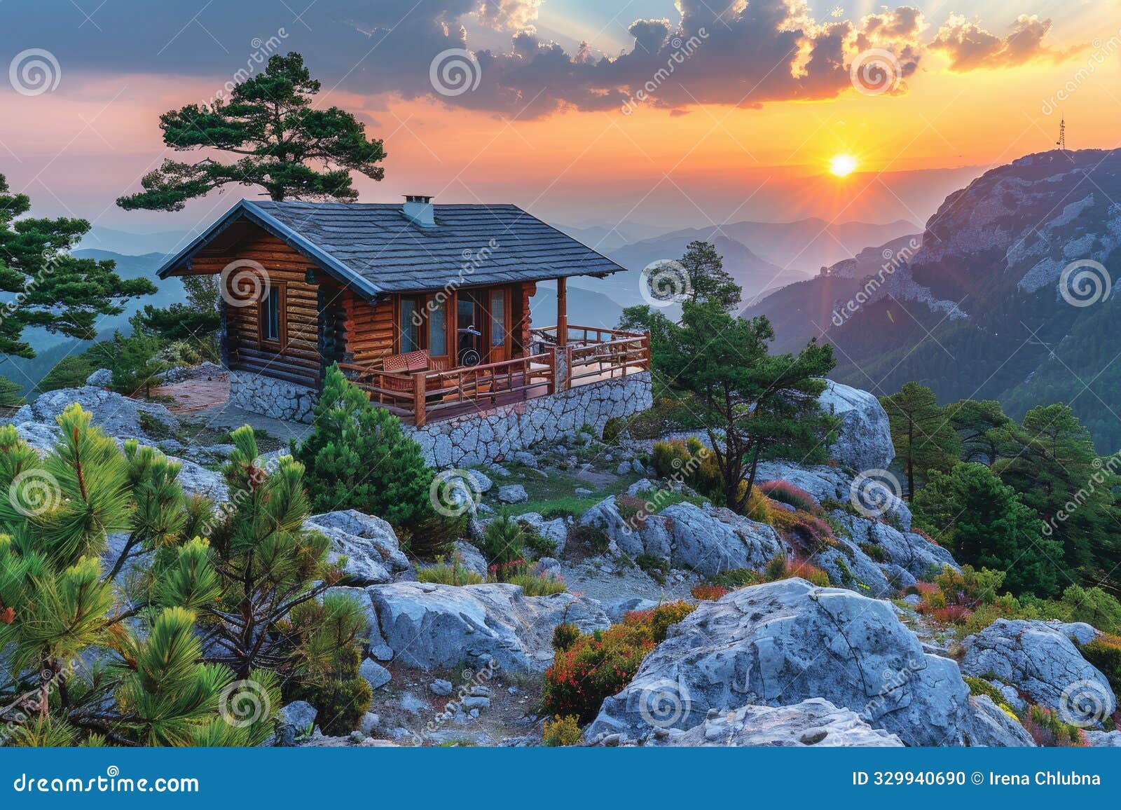 Scenic Mountainside Cabin at Sunset with Stunning Views Stock ...