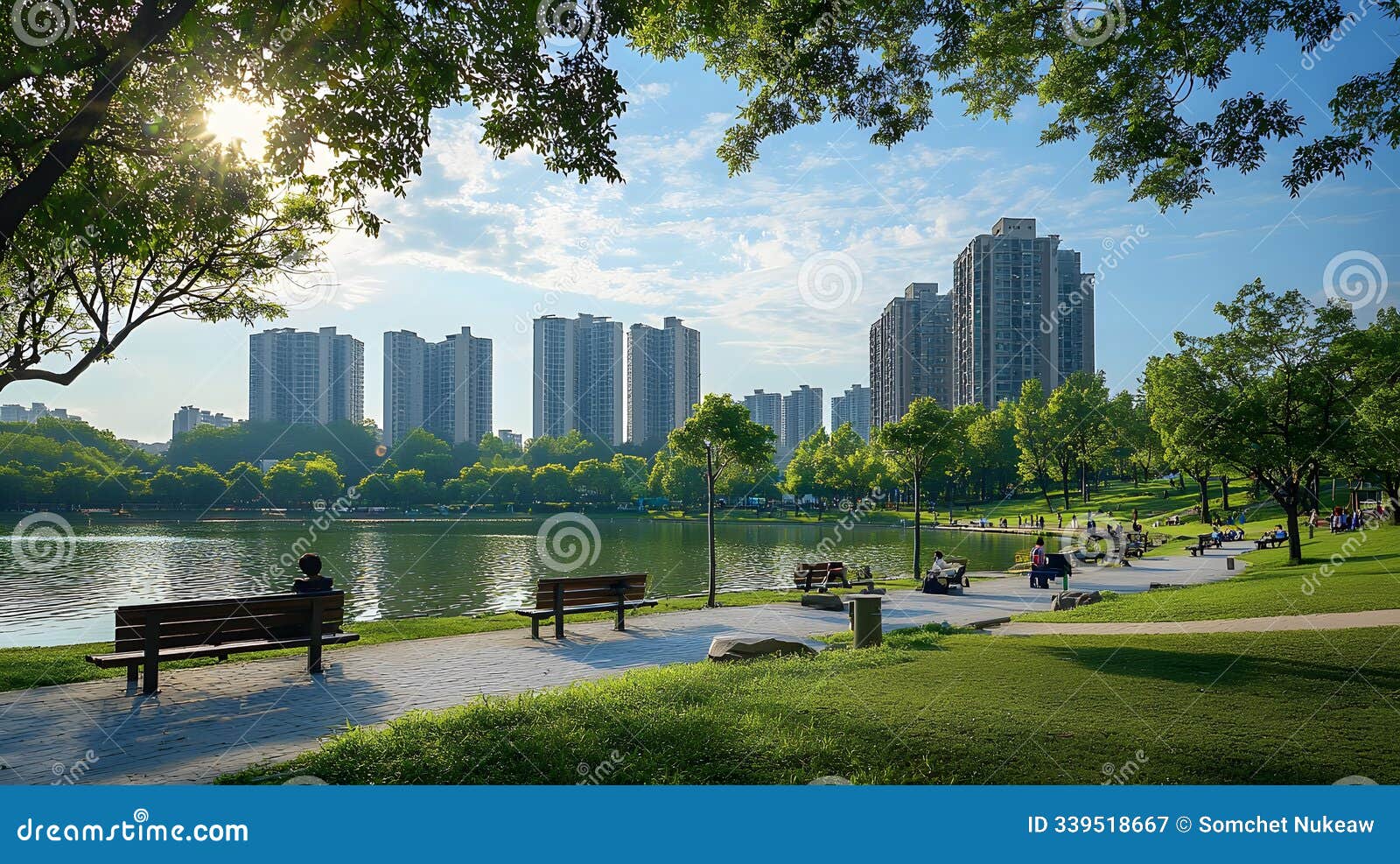 Scenic Park View with Buildings by a Serene Lake Stock Illustration ...