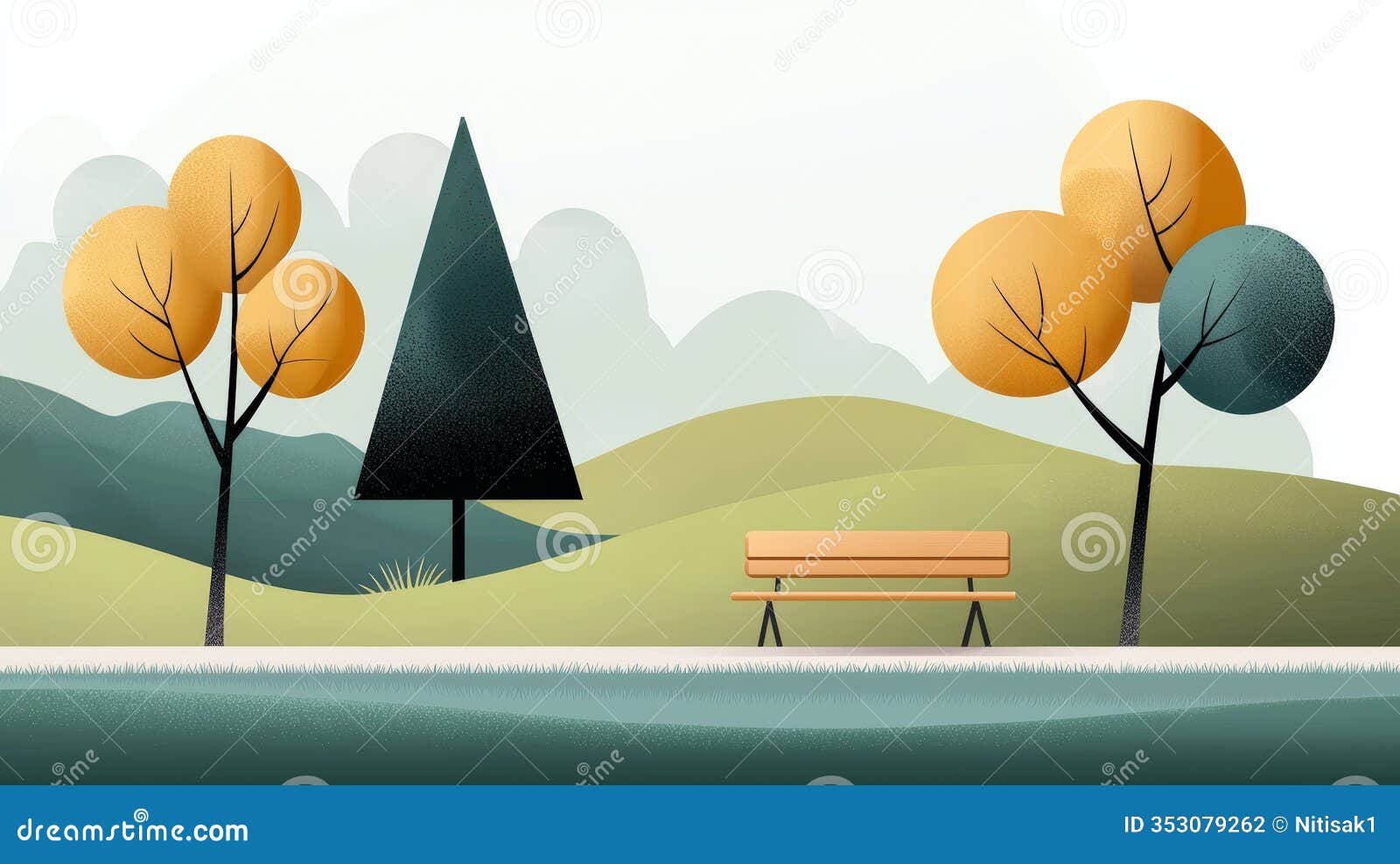 Scenic Park View with Trees and Bench Stock Illustration - Illustration ...