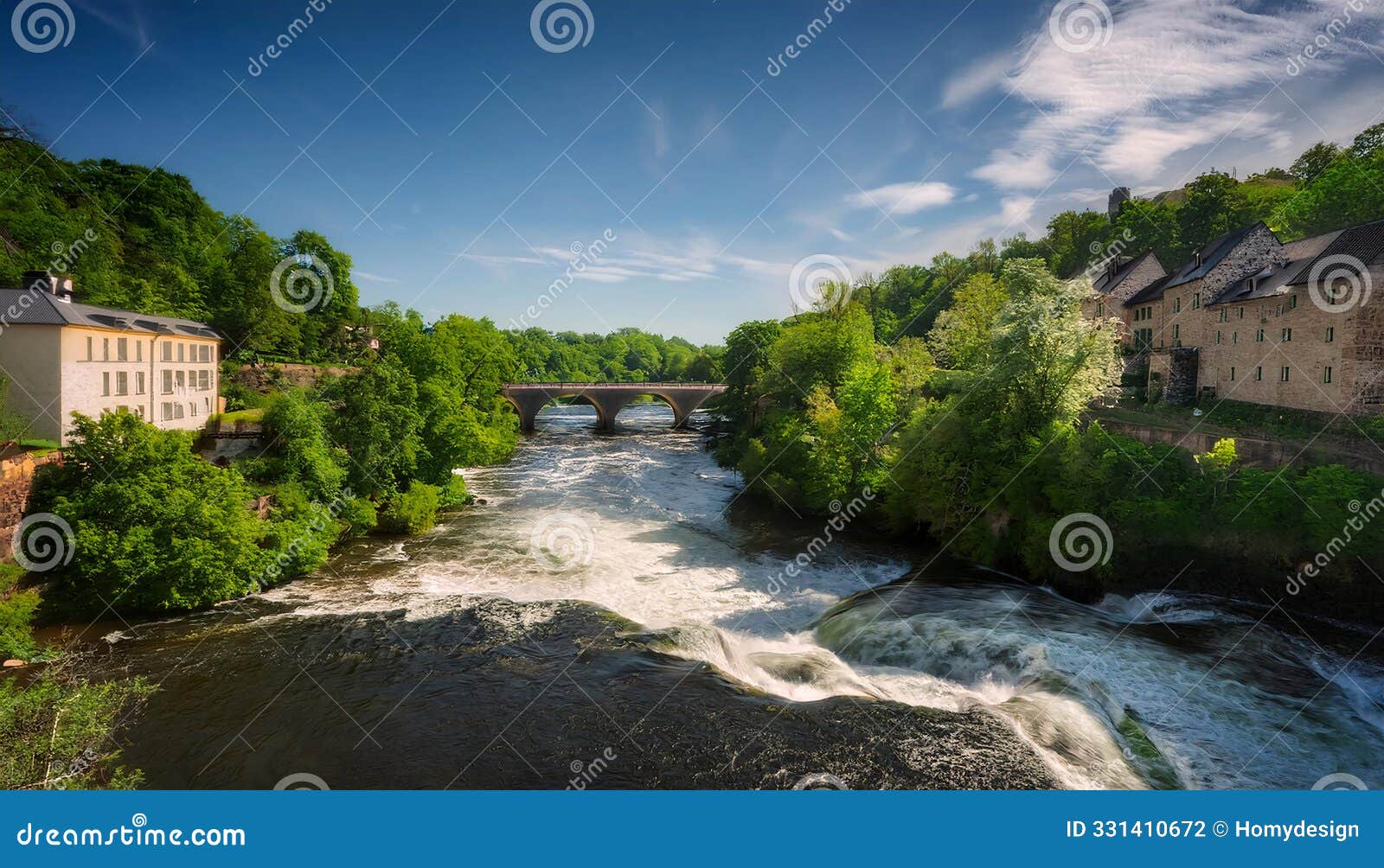 Scenic River Flowing through Lush Greenery with a Bridge and Buildings ...