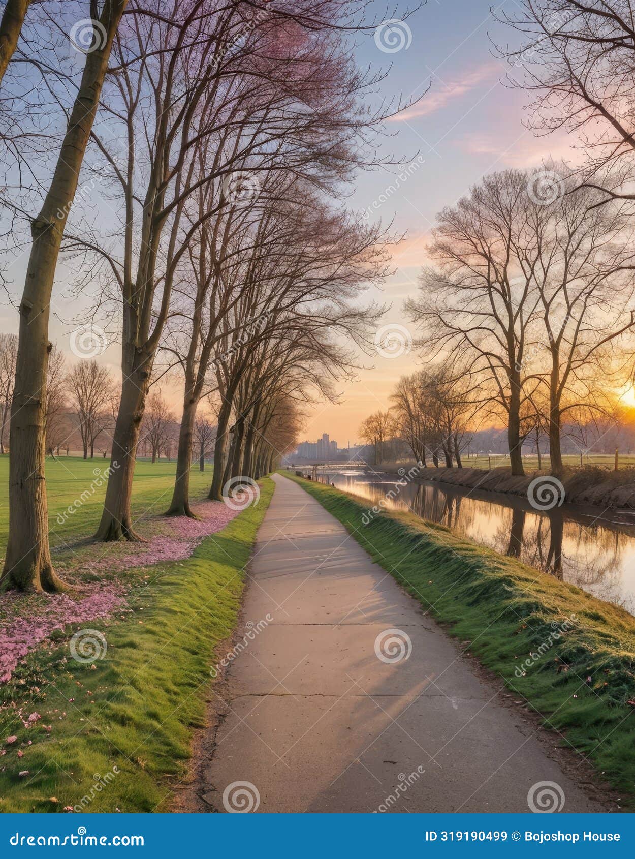 Scenic Riverside Pathway Adorned with Winter Trees Stock Illustration ...