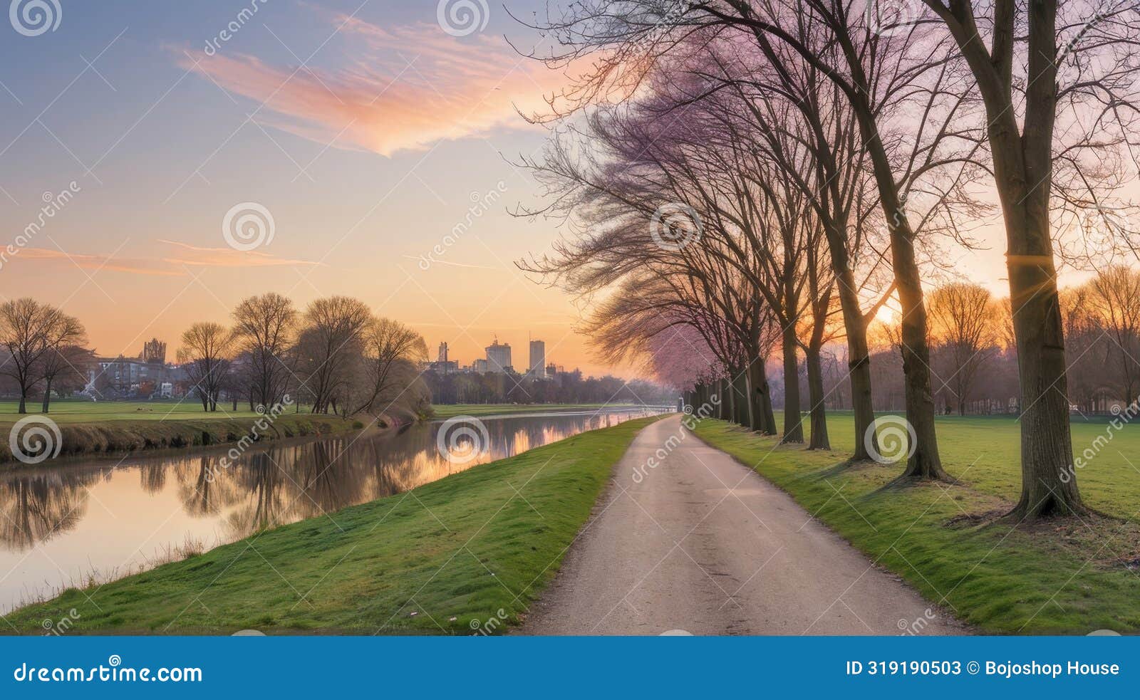 Scenic Riverside Pathway Adorned with Winter Trees Stock Illustration ...