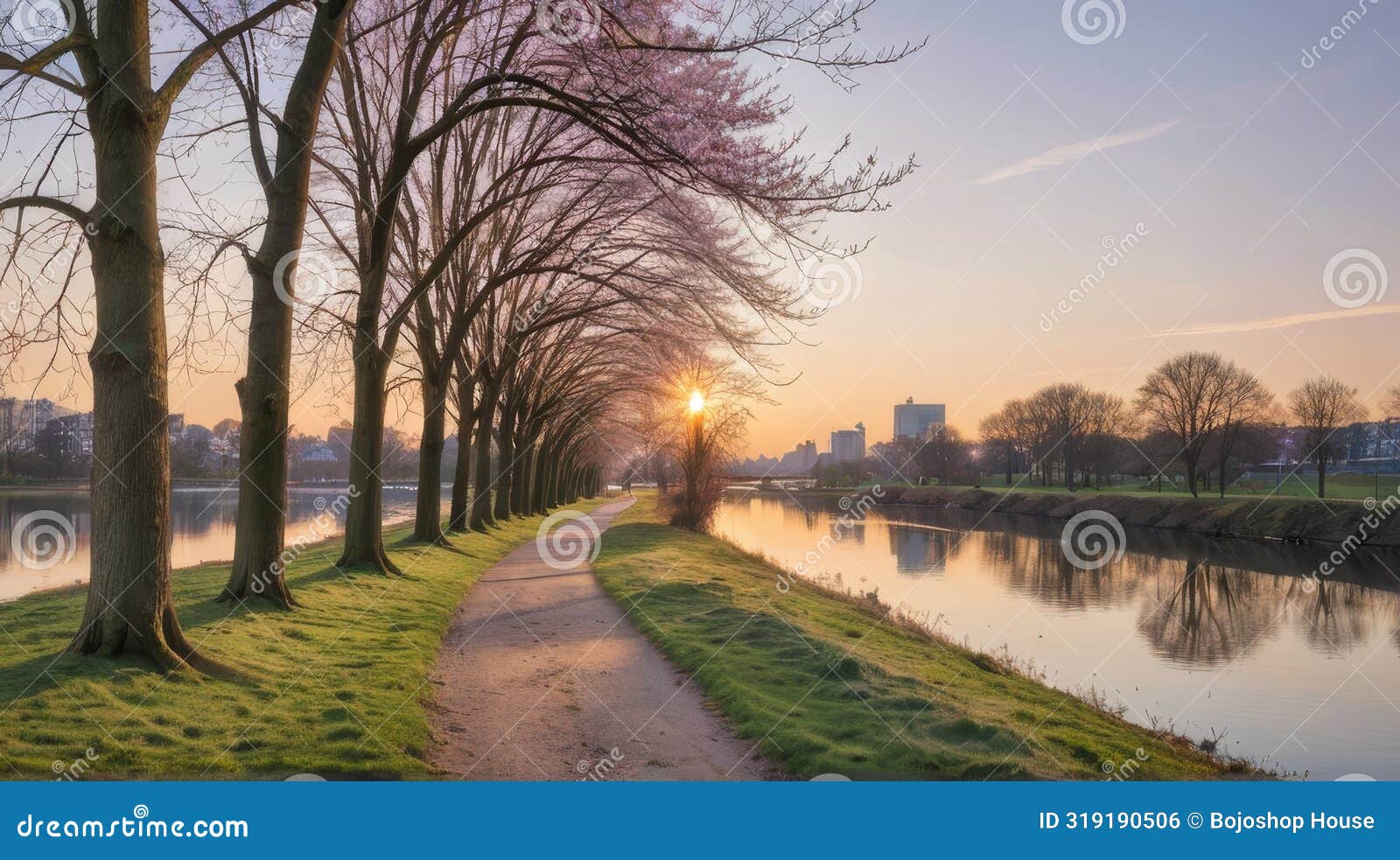 Scenic Riverside Pathway Adorned with Winter Trees Stock Illustration ...