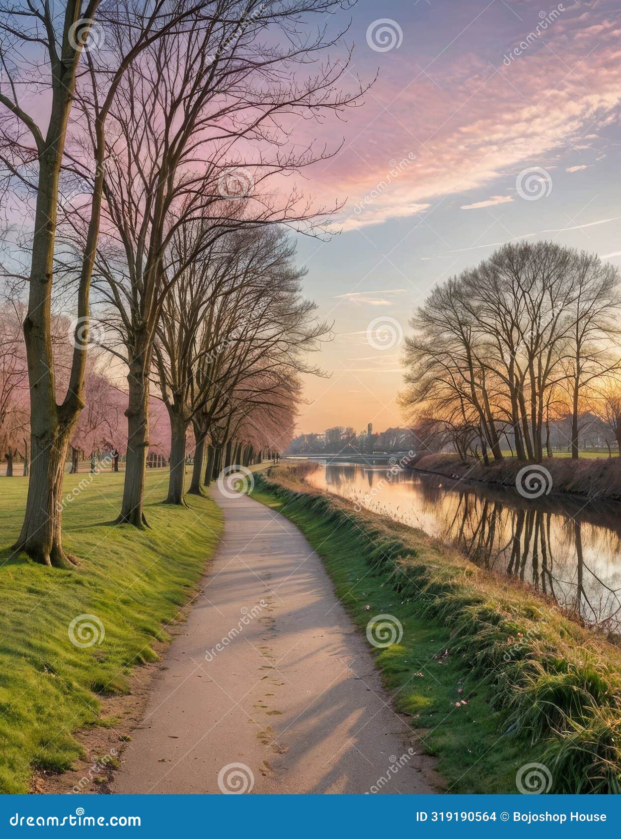 Scenic Riverside Pathway Adorned with Winter Trees Stock Illustration ...