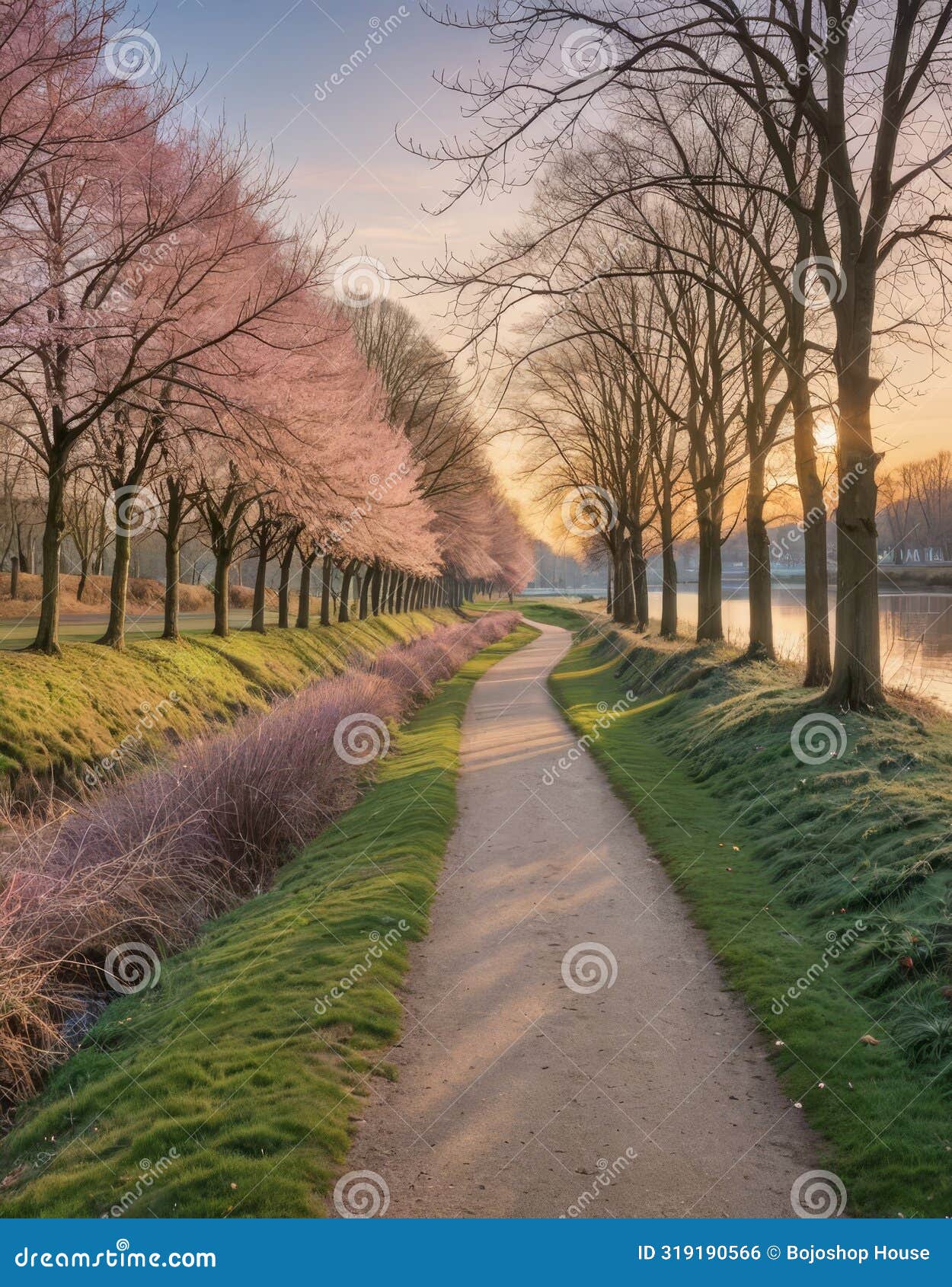 Scenic Riverside Pathway Adorned with Winter Trees Stock Illustration ...