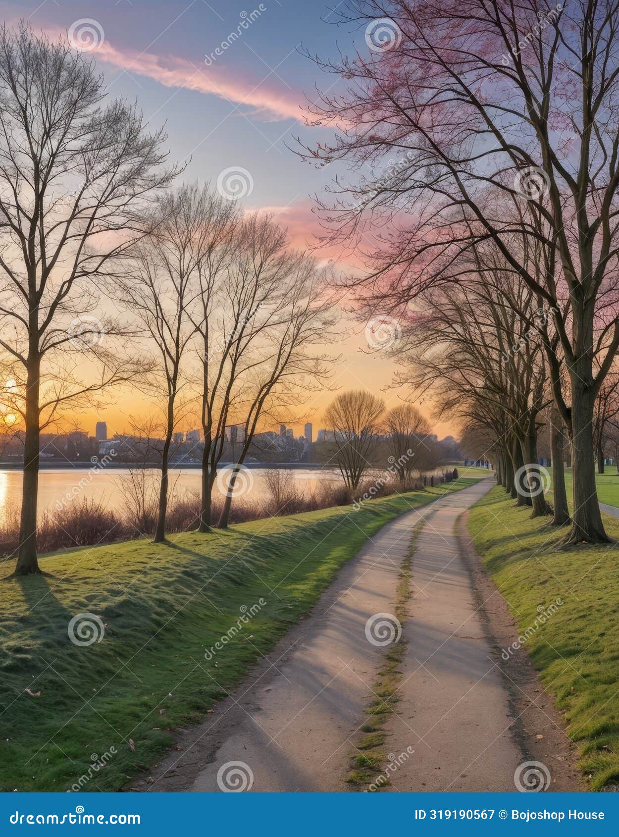 Scenic Riverside Pathway Adorned with Winter Trees Stock Illustration ...