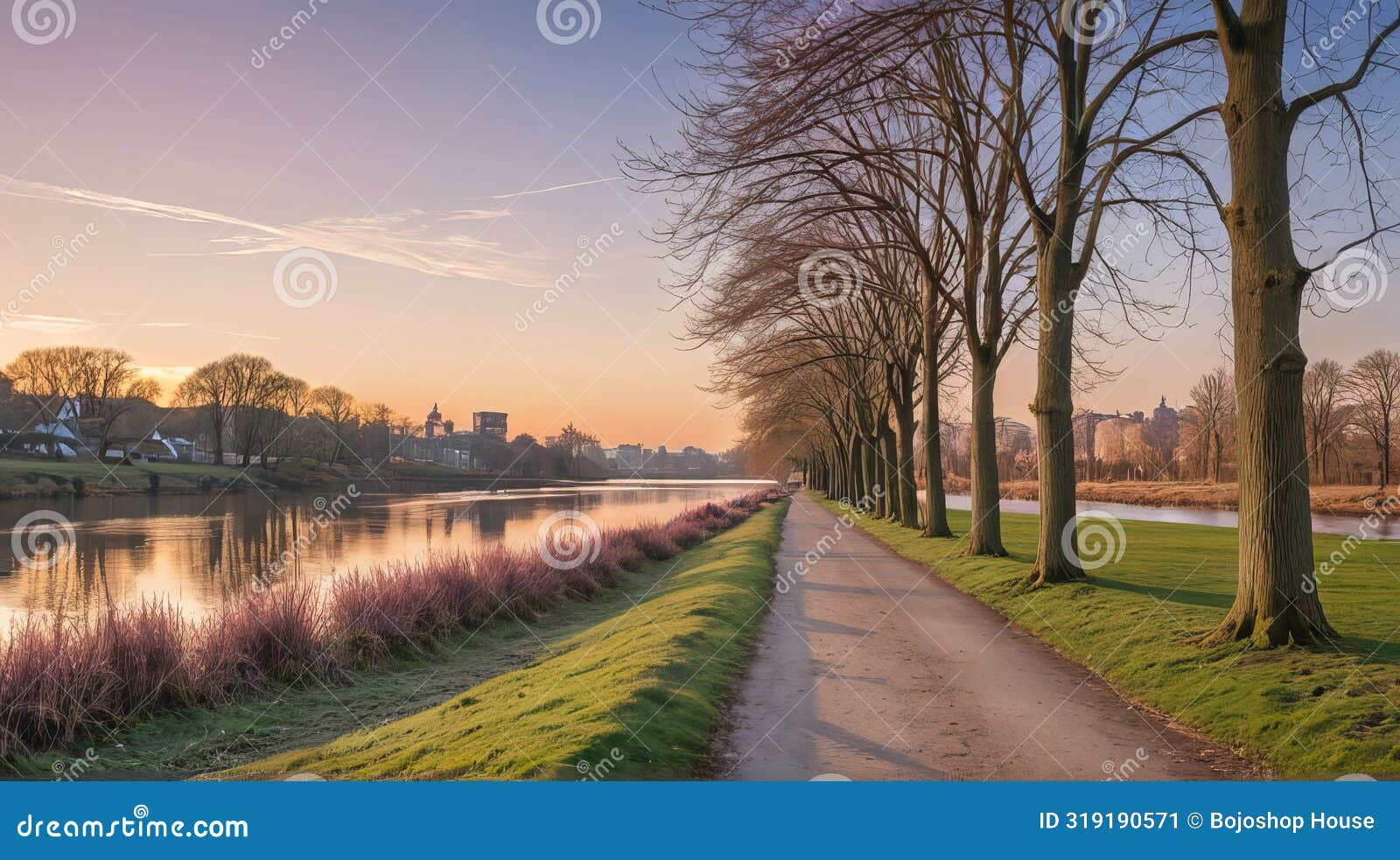 Scenic Riverside Pathway Adorned with Winter Trees Stock Illustration ...