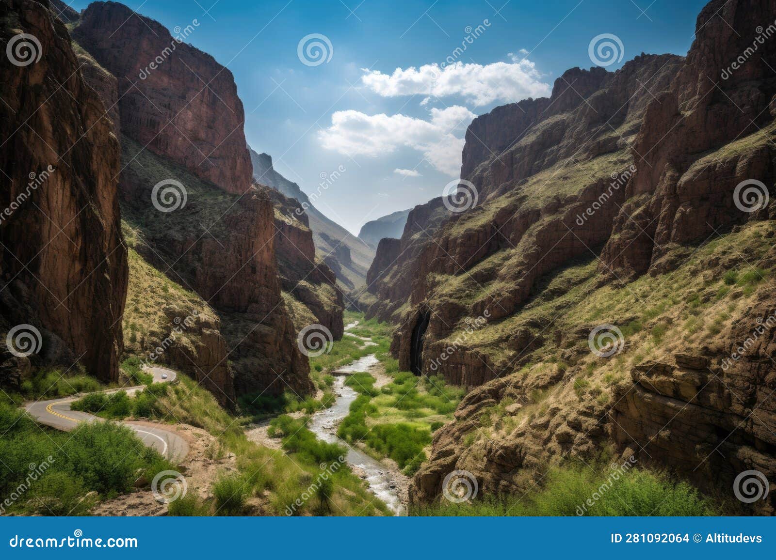 Scenic Road Trip through a Canyon, with Towering Cliffs and Rushing ...