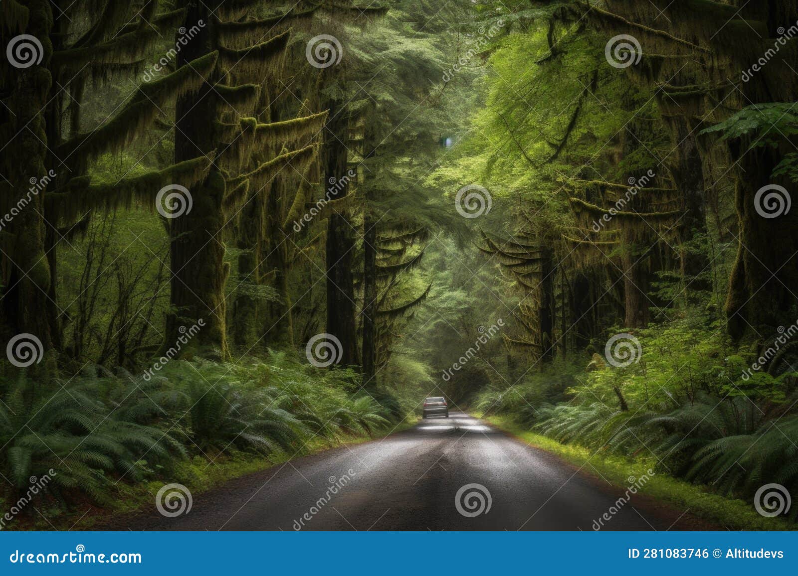 Scenic Road Trip through a Dense Forest, with Trees Towering Over the ...