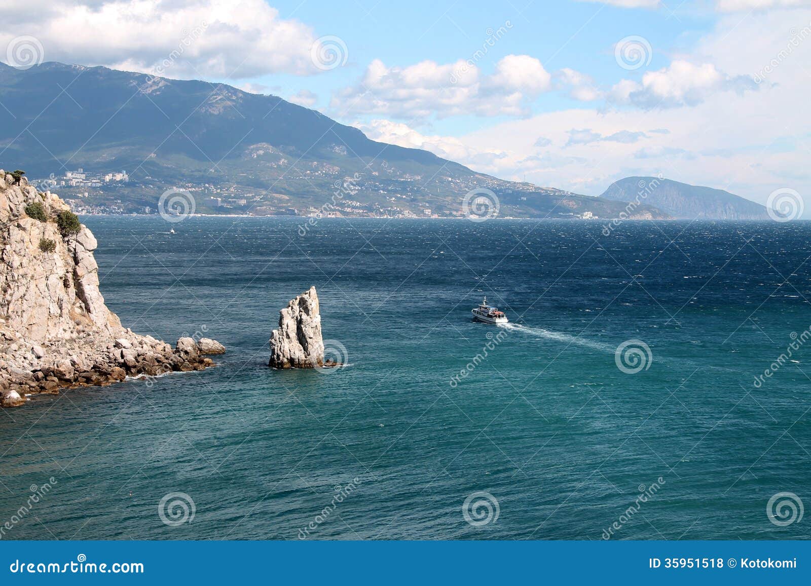 Scenic Sea View with Rocks and Cliffs. Ship Sails Away. Stock Photo ...