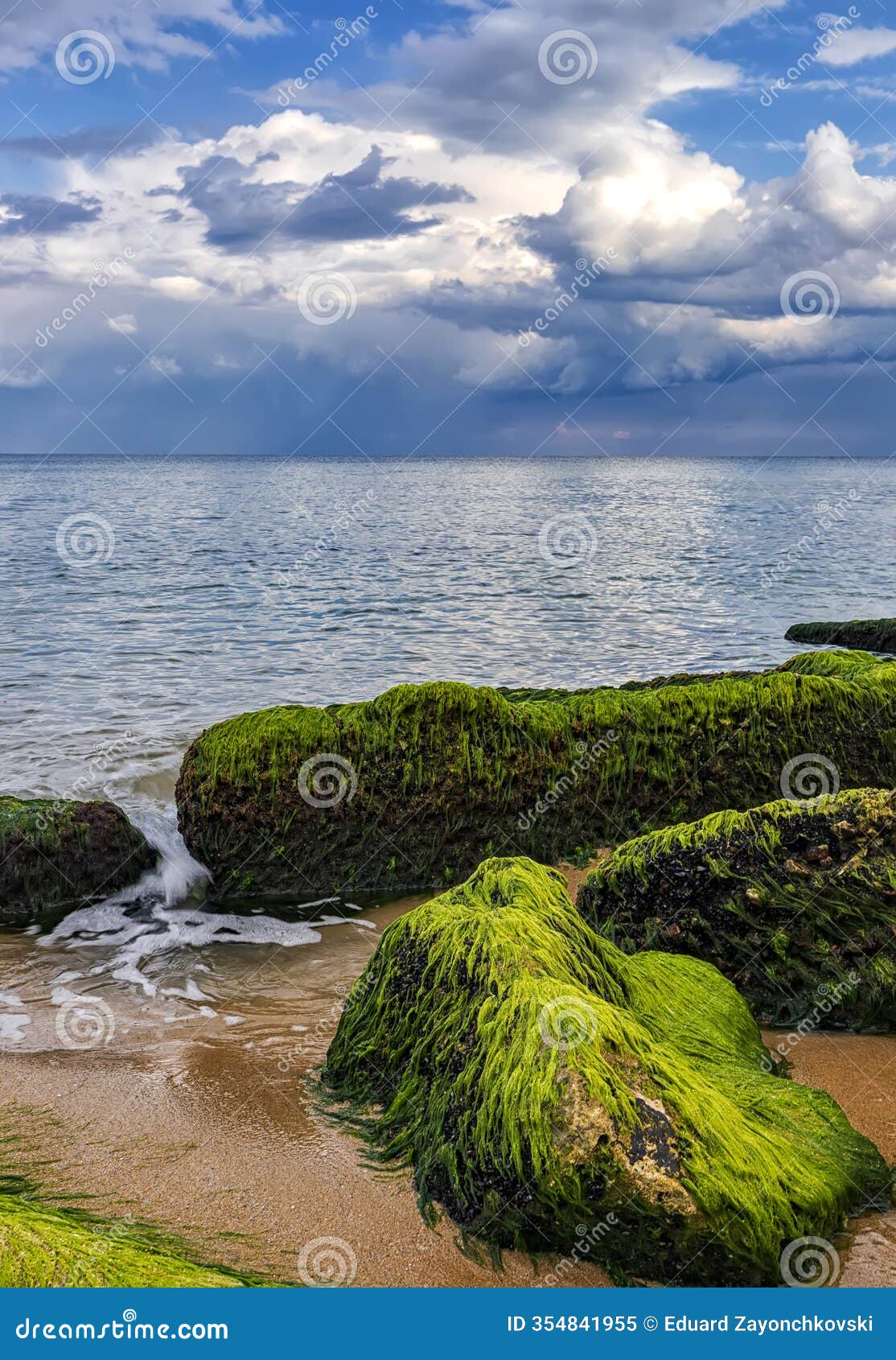 Seascape with Rocks with Moss on the Beach Stock Image - Image of ...