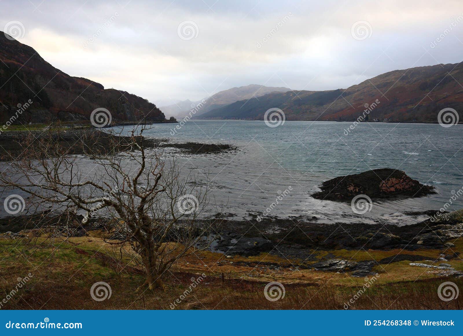 Scenic Shot of a Gloomy Coast with Mountains in the Background Stock ...