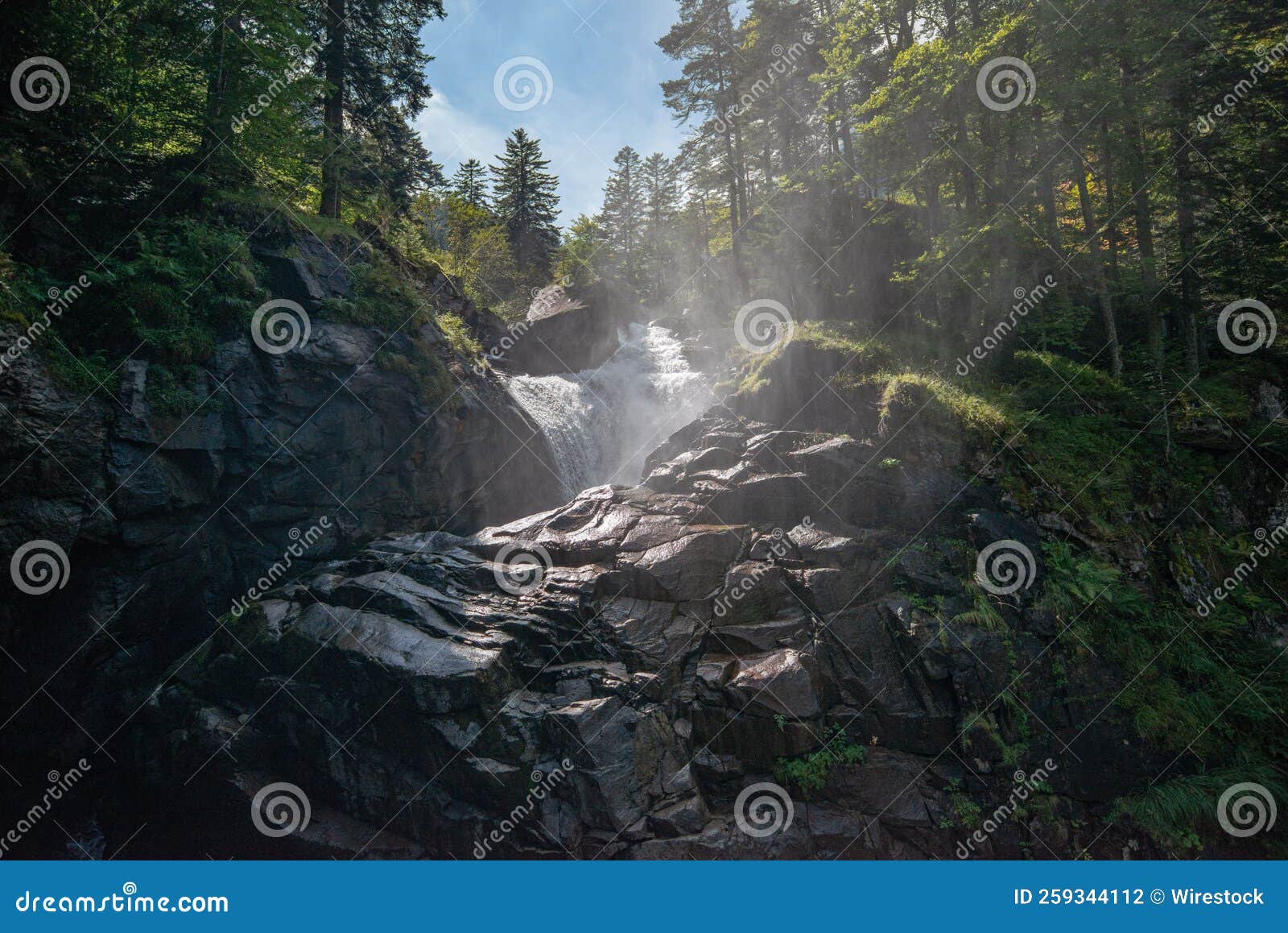 Scenic Shot of the Waterfall in the Cliffs Against the Green Forest ...