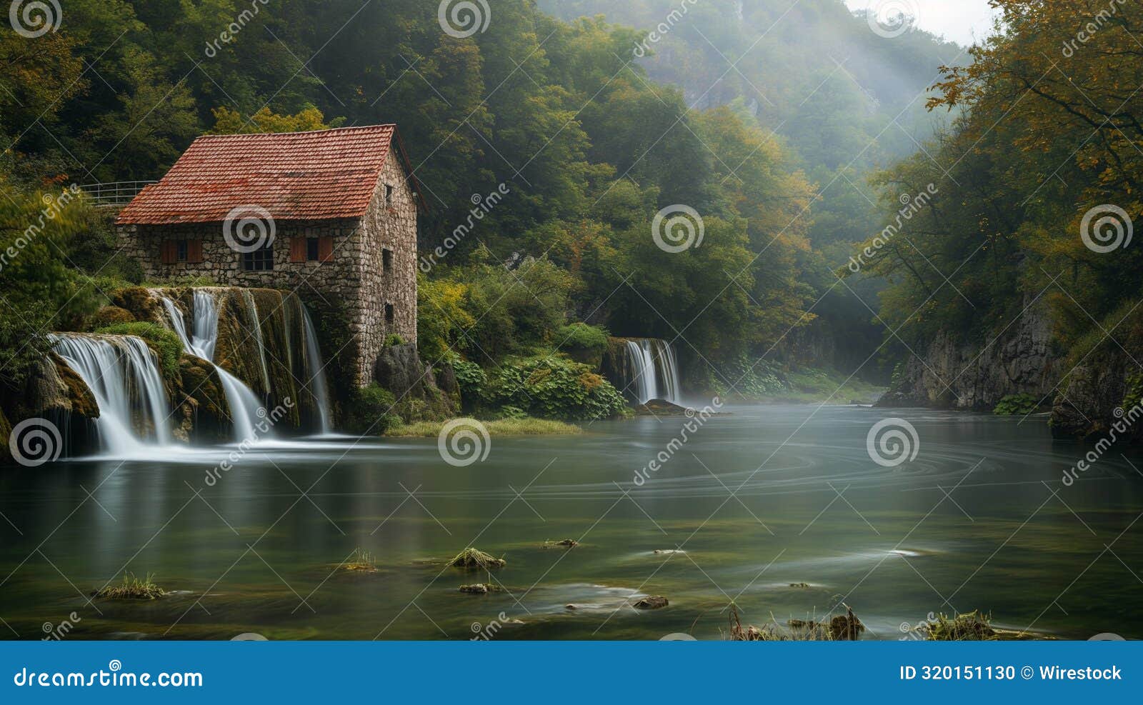 Scenic Small Waterfall Cascading through Trees and Rocks by a Stream ...