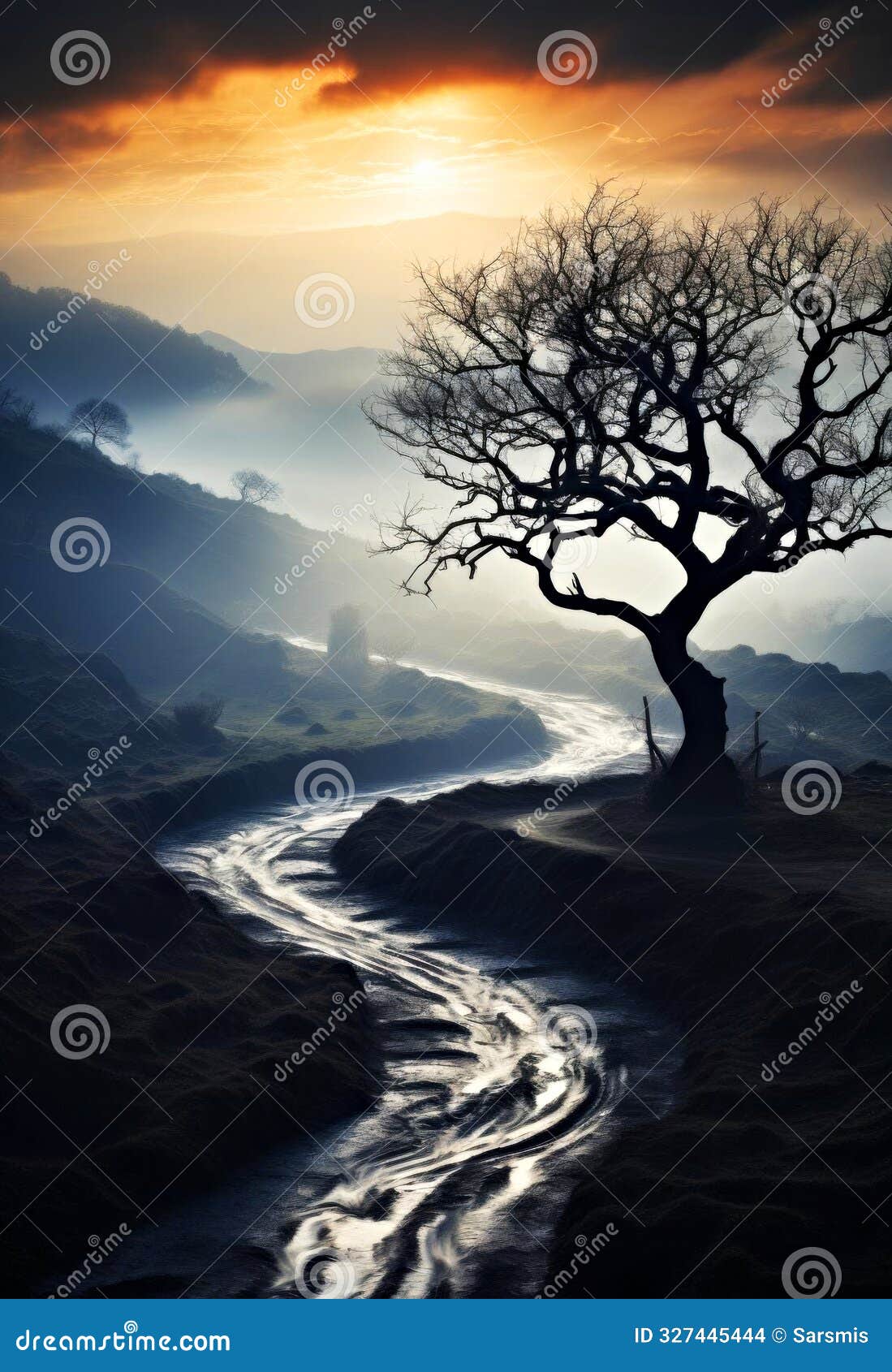 Scenic Sunrise Over Misty Hills with Lone Tree and Winding Stream Stock ...