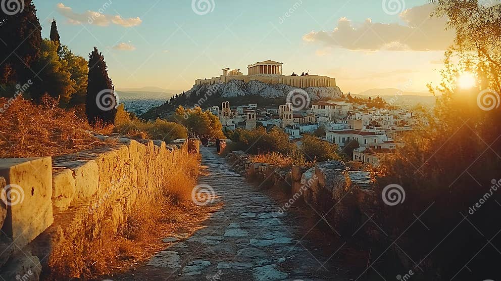 Scenic Sunset View of the Acropolis in Athens, Framed by a Pathway ...