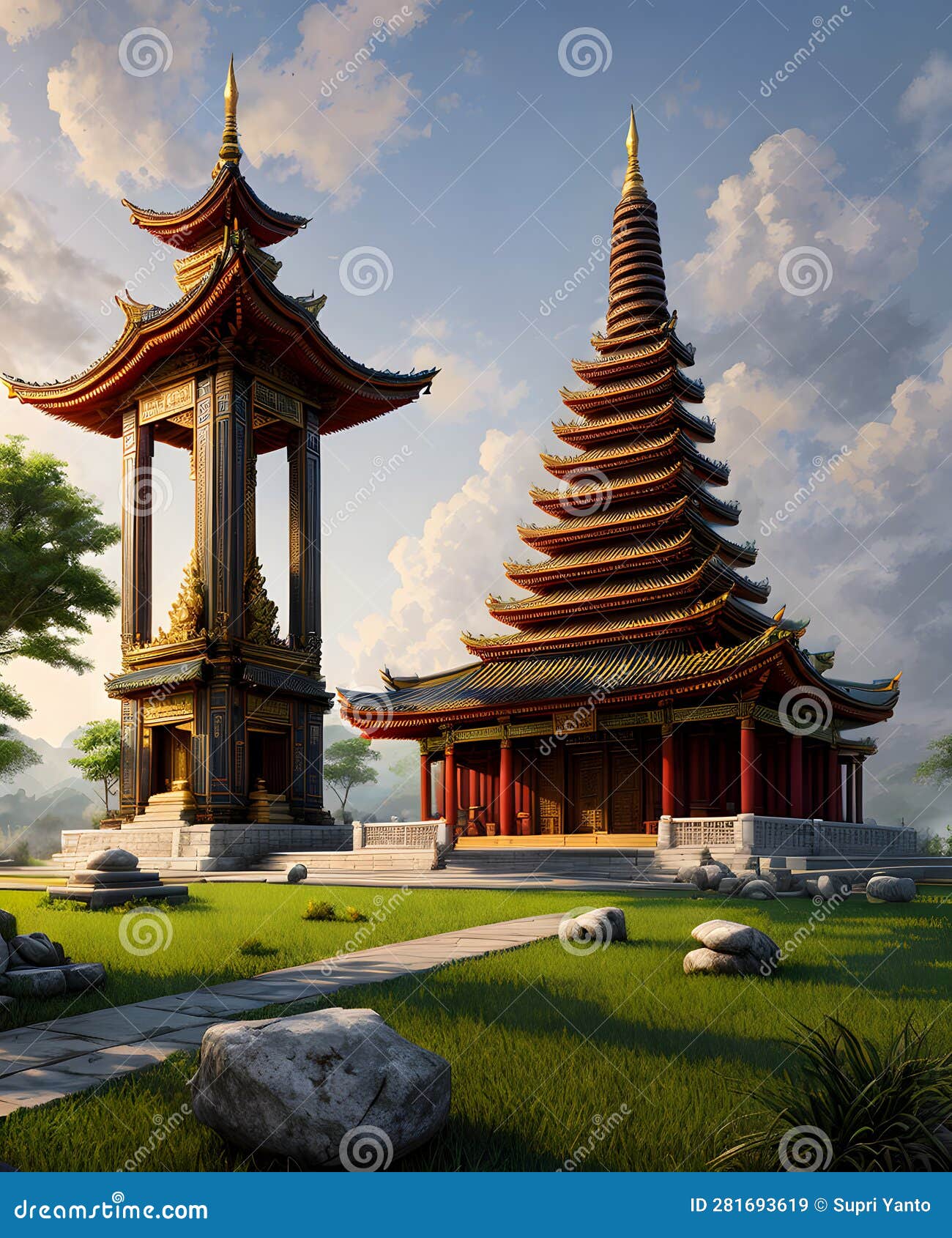 Scenic Temple Environment by Garden Foreground Stock Image - Image of ...