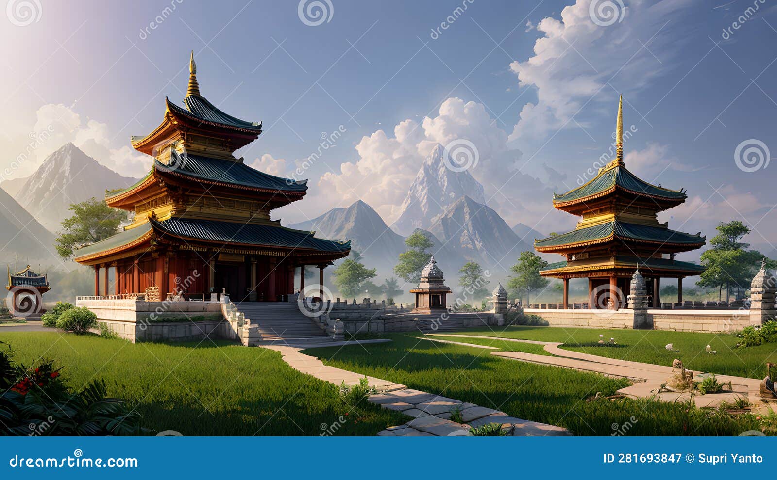 Scenic Temple Environment by Garden Foreground Stock Illustration ...