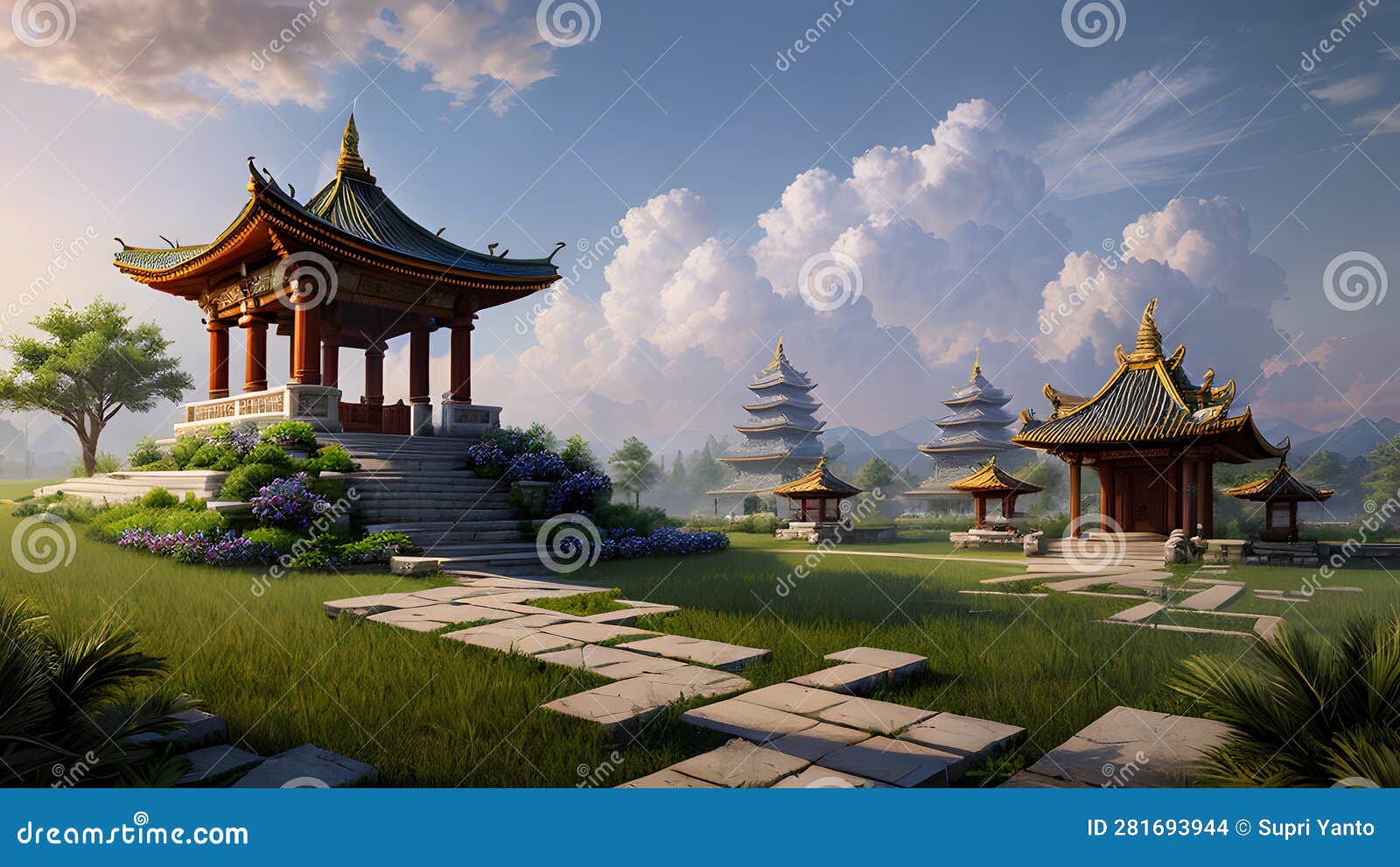 Scenic Temple Environment by Garden Foreground Stock Illustration ...