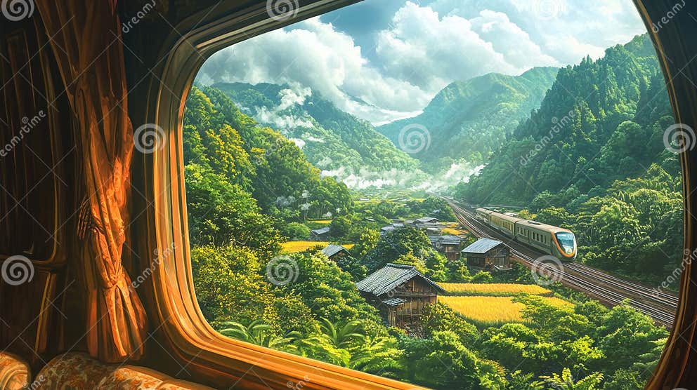 Scenic Train View through a Window in Nature Stock Illustration ...