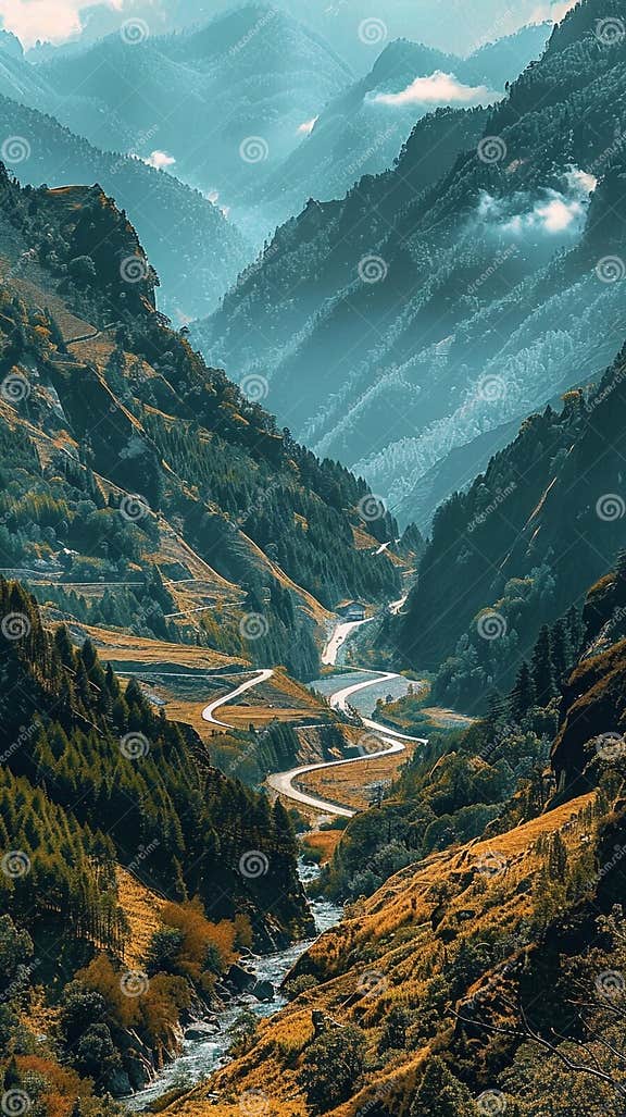 Scenic Valley Meandering through Forests Stock Illustration ...
