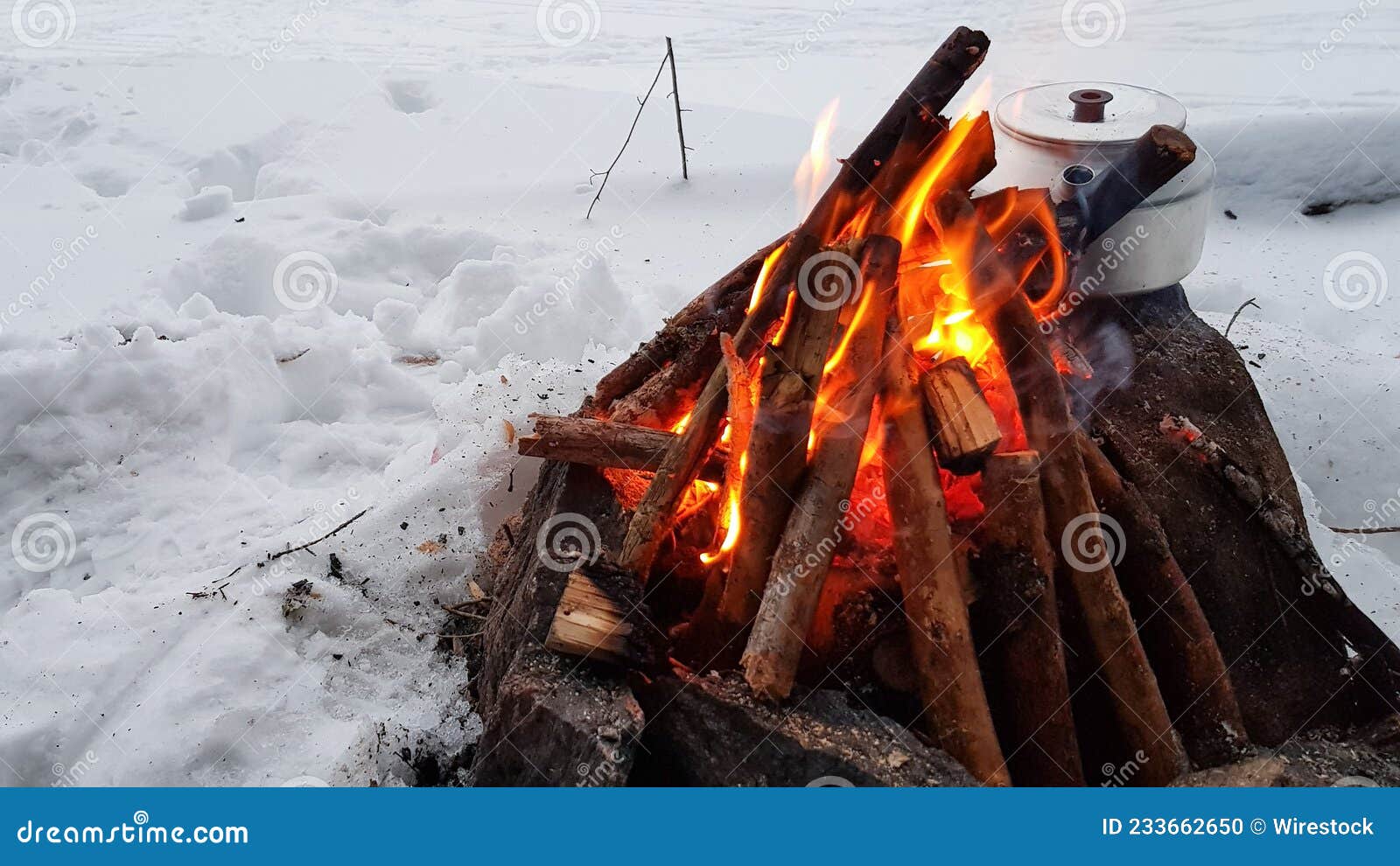 Scenic View of a Bonfire during Winter Surrounded by Snow Stock Photo ...