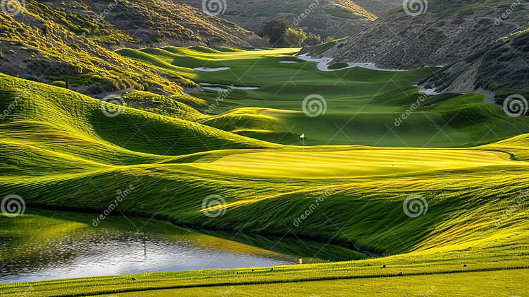 Scenic View of an Empty Golf Course with Lush Rolling Greens at Sunset ...