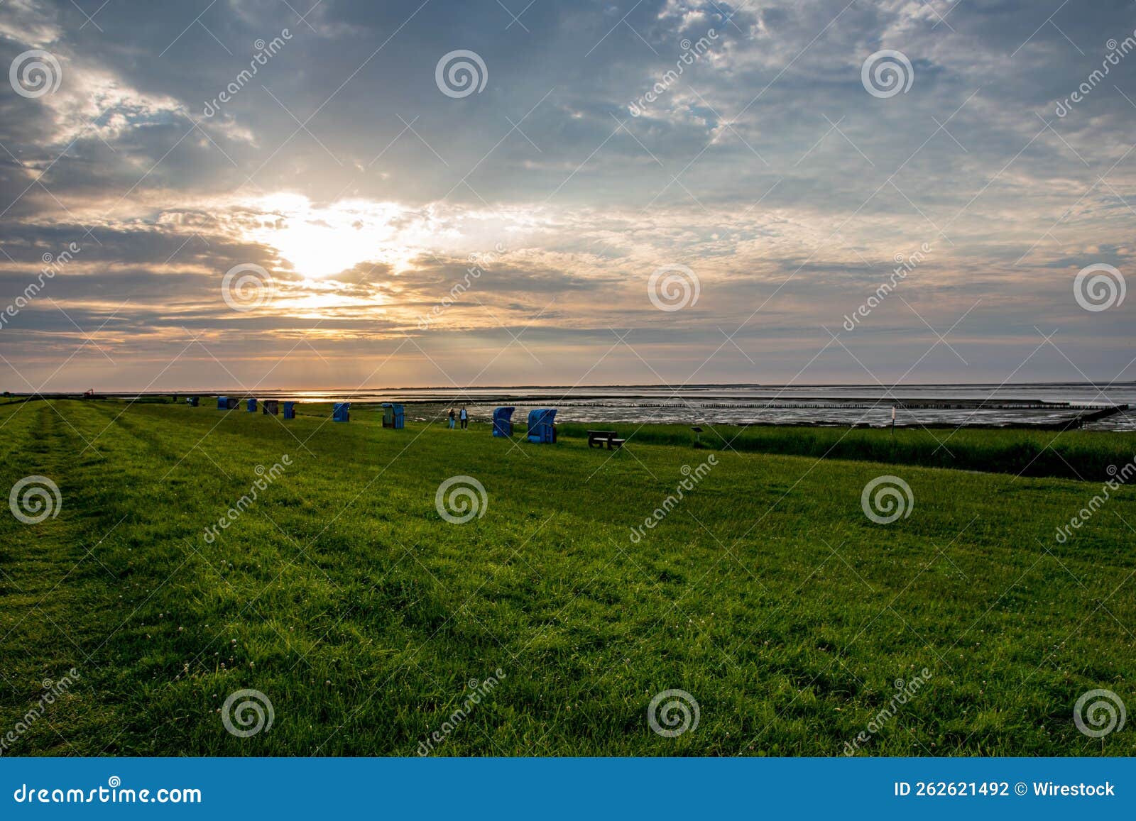 Scenic View of Greenfields and Rows of Benches Under a Beautiful Sunset ...