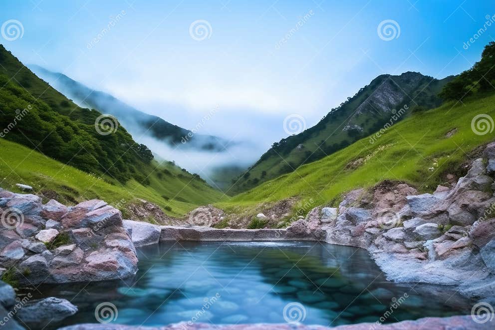 Scenic View of a Hot Spring Situated within Mountains Stock Photo ...