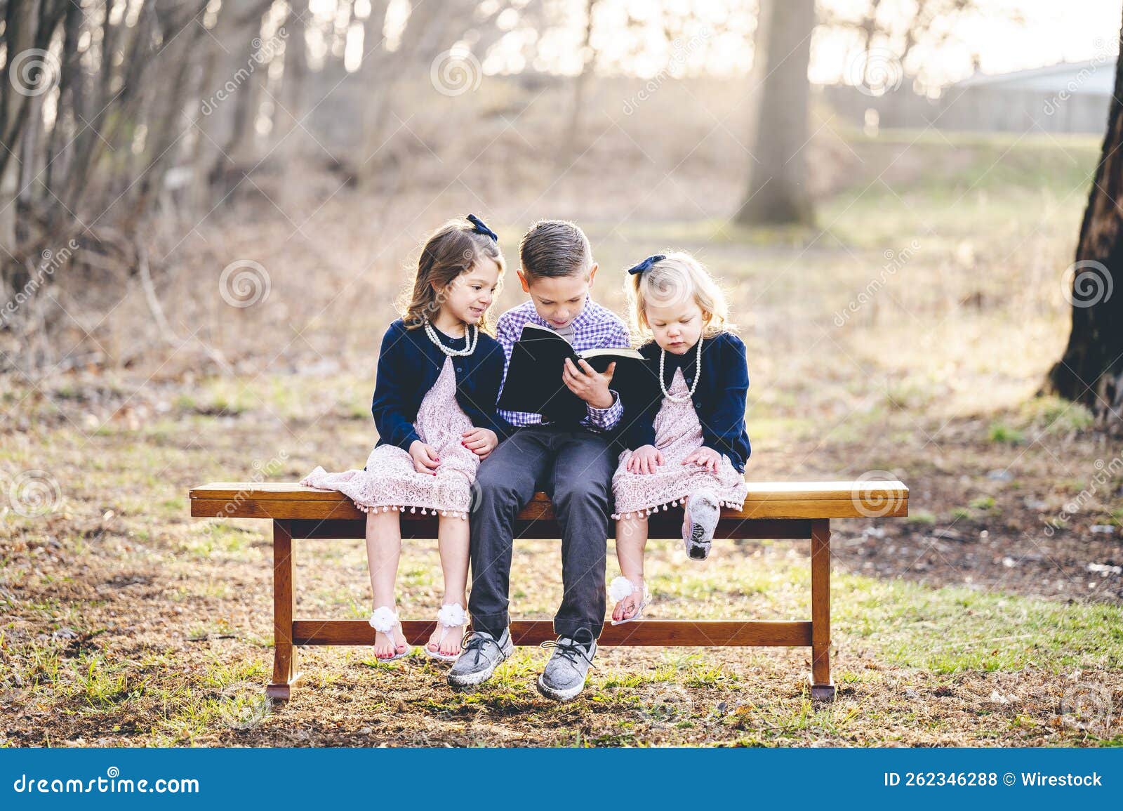 Scenic View of Kids Sitting on the Bench and Reading the Bible Stock ...
