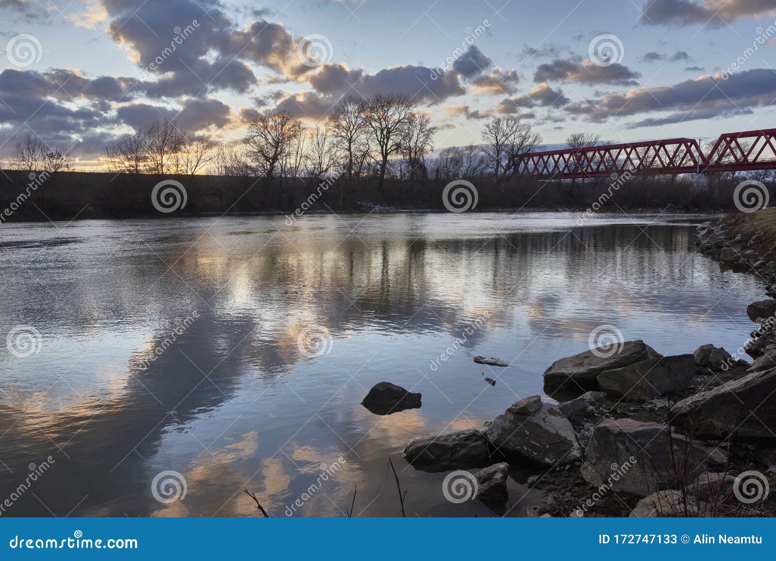 Scenic View of River and Bridge at Sunset Stock Image - Image of blue ...