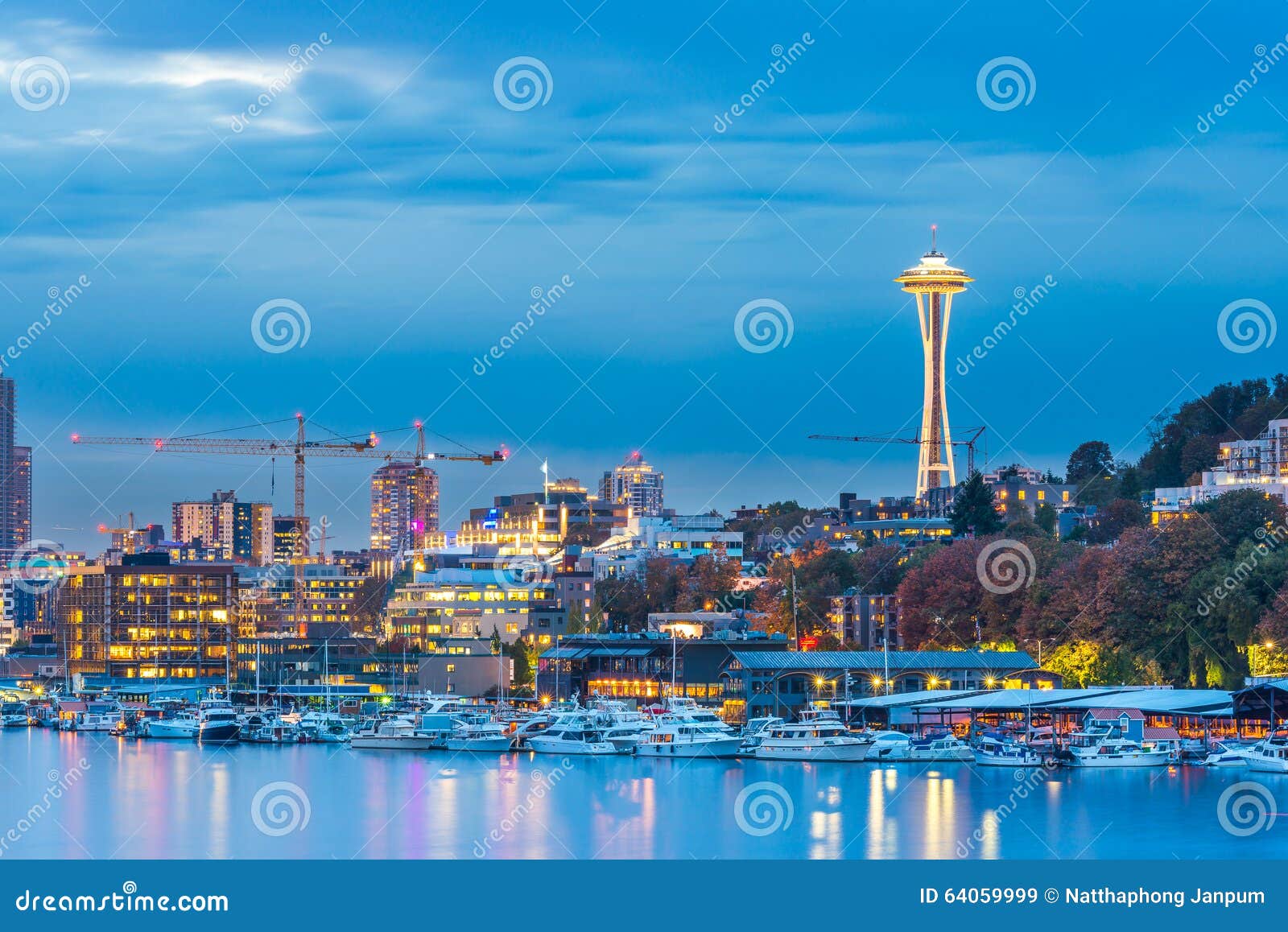 Scenic View of Seattle City in the Night Time with Reflection of Water ...