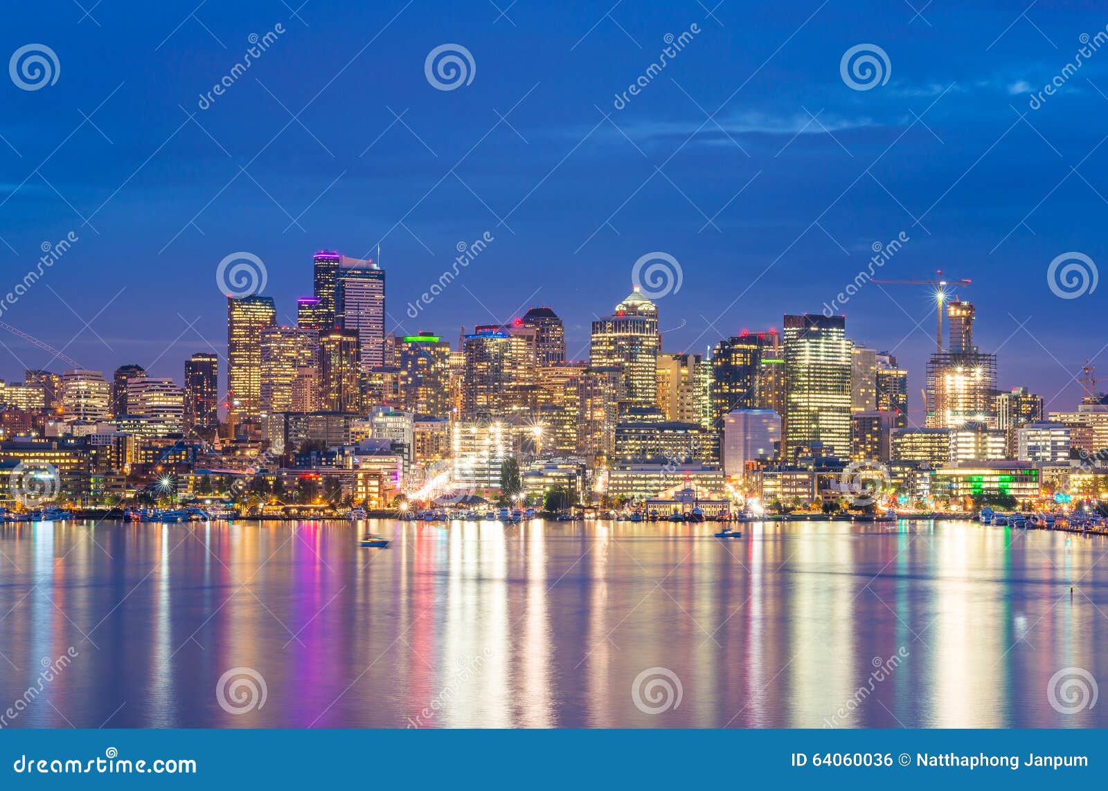 Scenic View of Seattle City in the Night Time with Reflection of Water ...