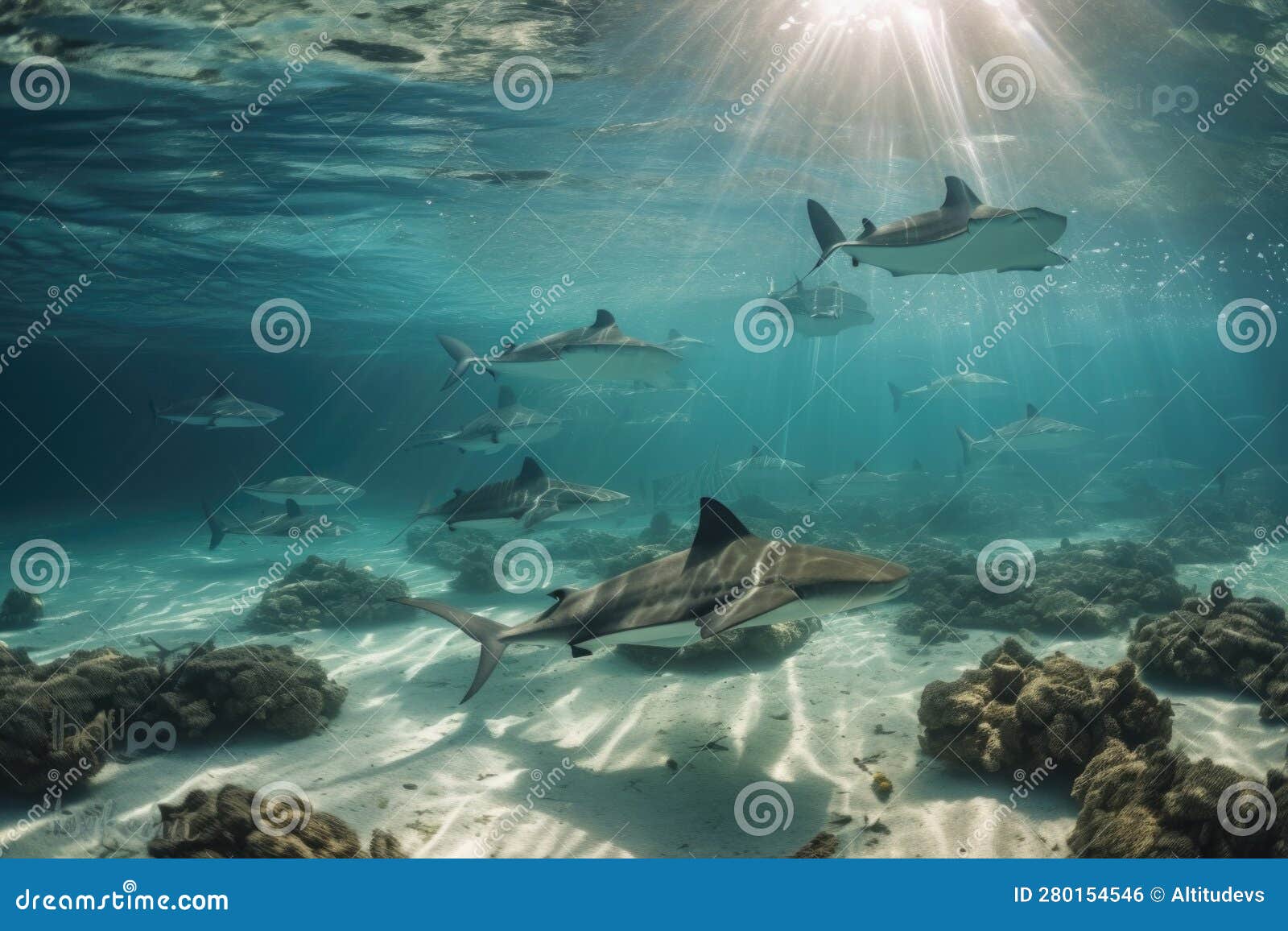 Scenic View of Sharks and Rays Swimming in Serene Ocean Setting Stock ...