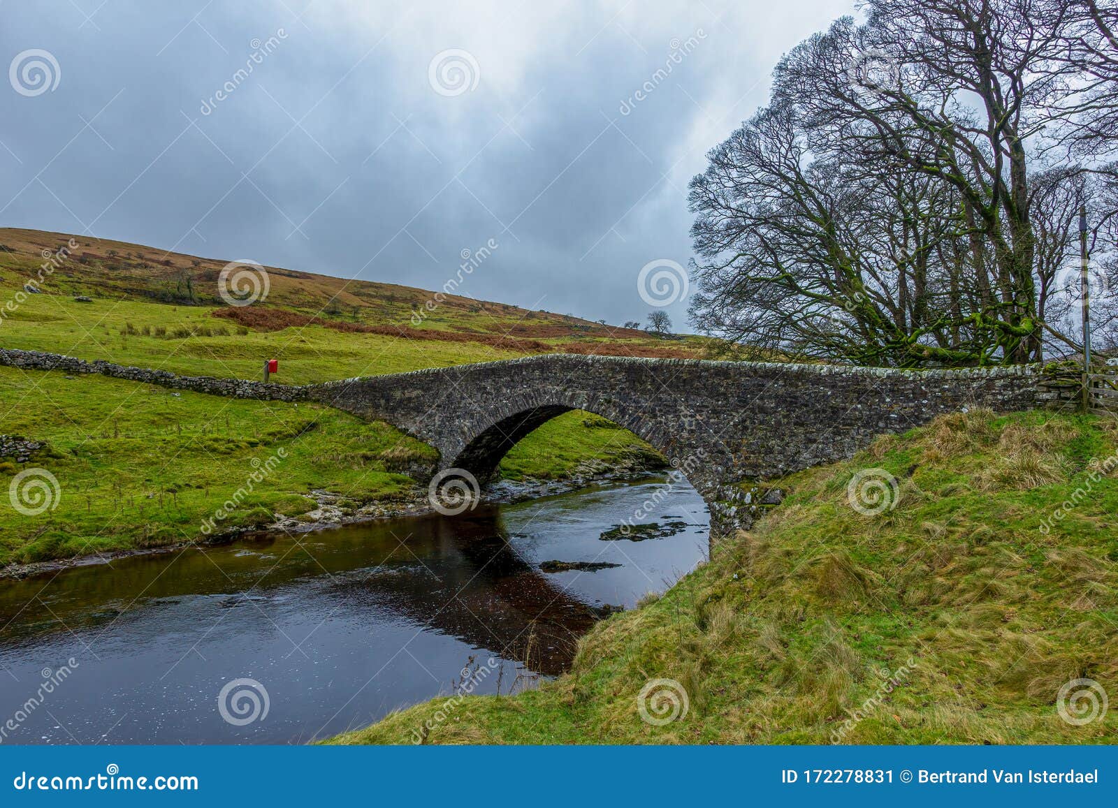 A Scenic View of a Stone Bridge Over a River with Grassy Slope Under a ...