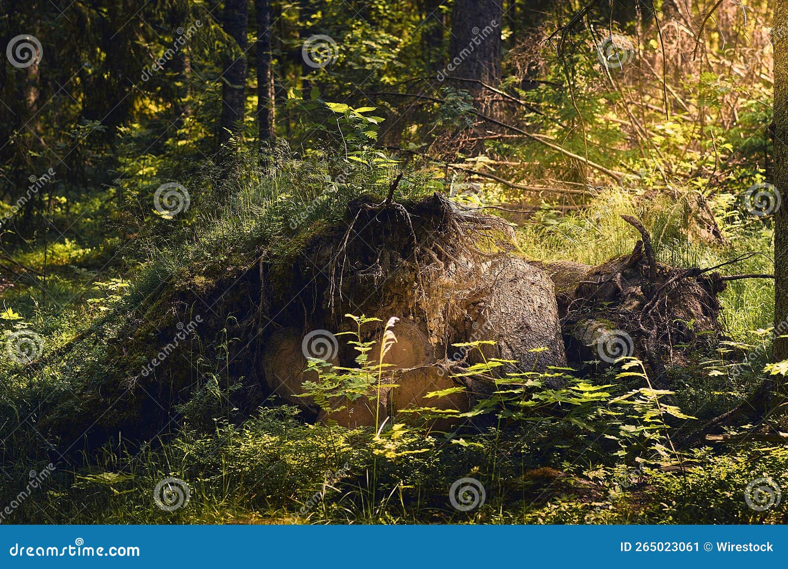 Scenic View of the Sunlight Over a Fallen Broken Big Tree Trunk in the ...