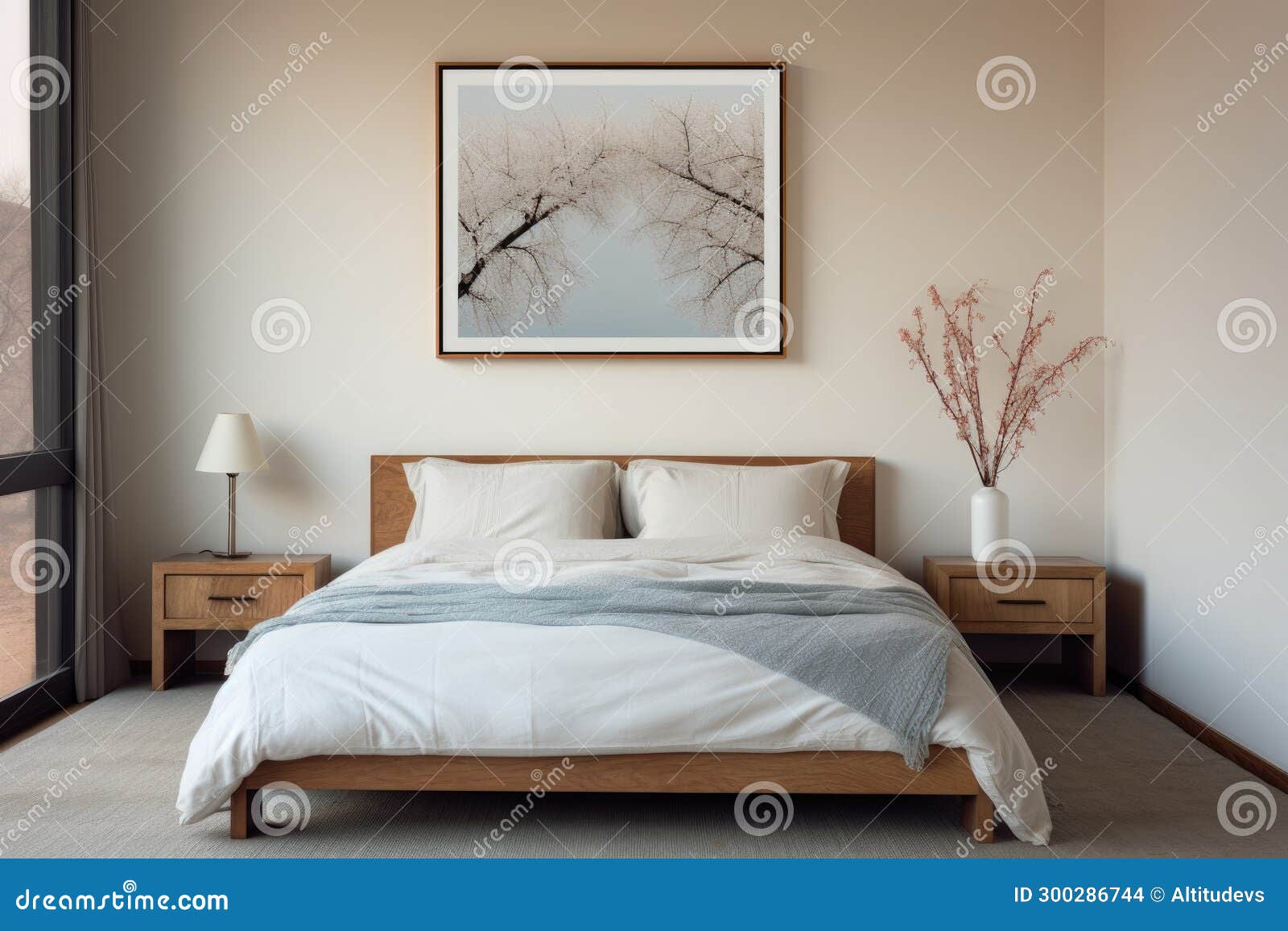 Scenic View of an Uncluttered Bedroom with a Plain Bedspread and a ...