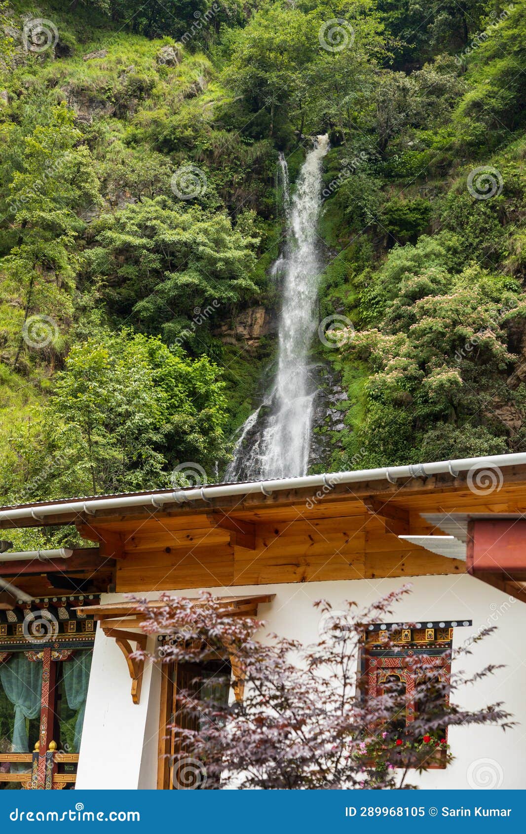 Scenic View of a Waterfall Behind a Cafe in Bhutan. Stock Image - Image ...