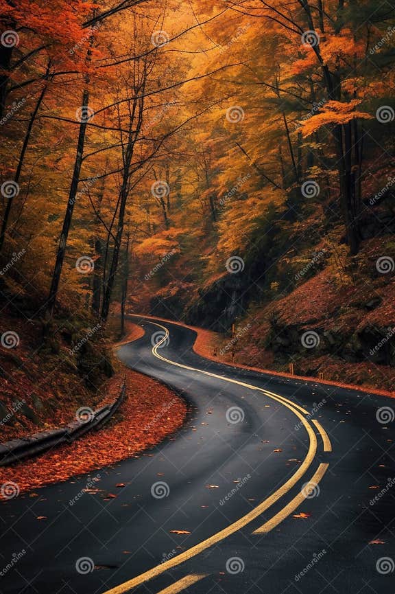 Scenic Winding Road through a Fall Forest Stock Illustration ...