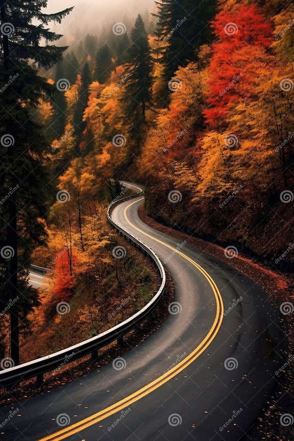 Scenic Winding Road through a Fall Forest Stock Illustration ...