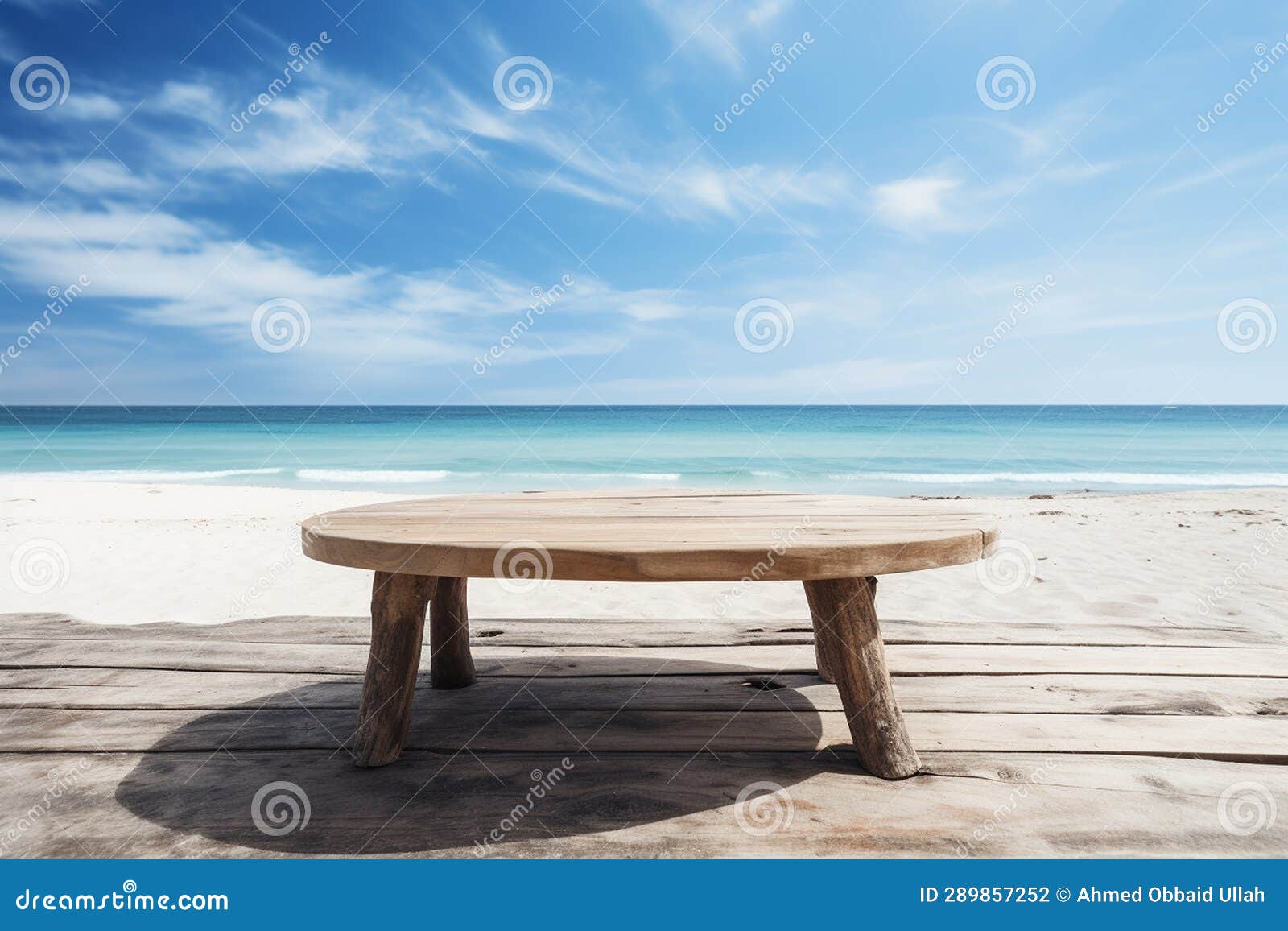 Scenic Wooden Table by the Beach and Blue Sky. Generated by Ai Stock ...