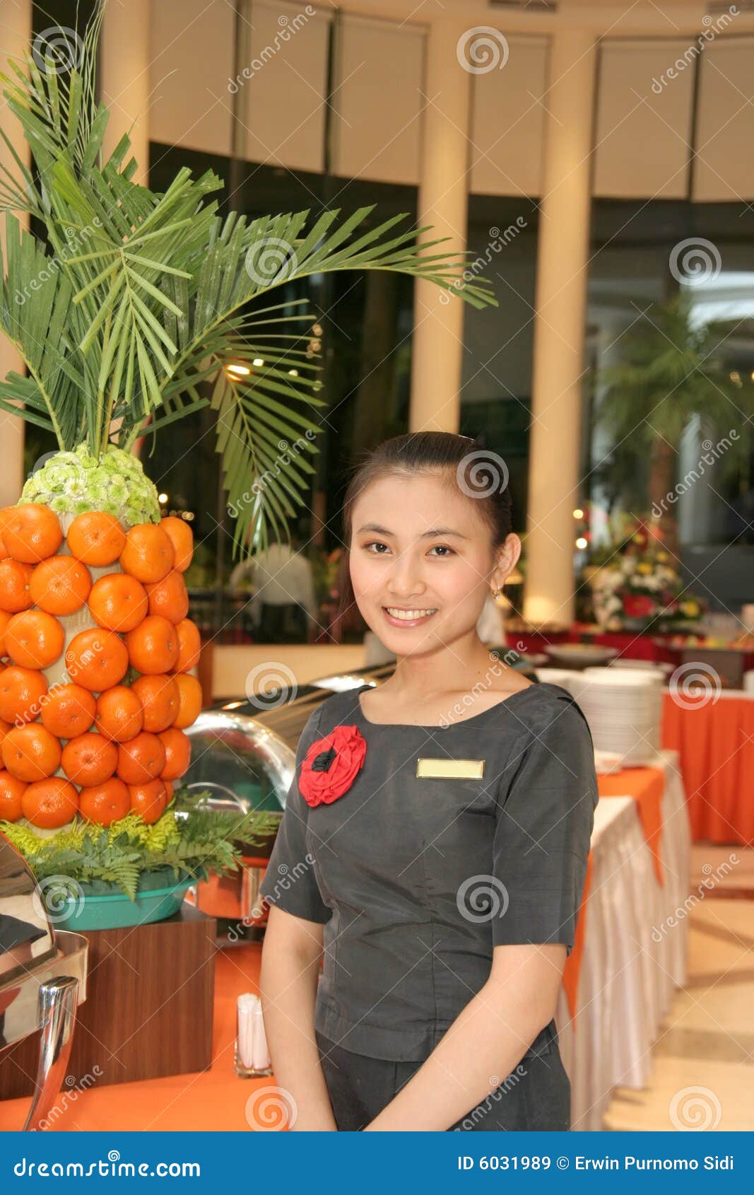 Schöne Kellnerin am Buffet stockbild. Bild von orange - 6031989