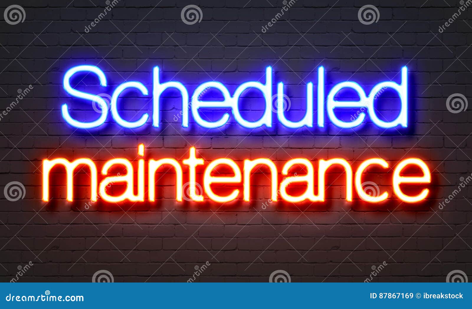 Scheduled Maintenance Neon Sign on Brick Wall Background. Stock ...