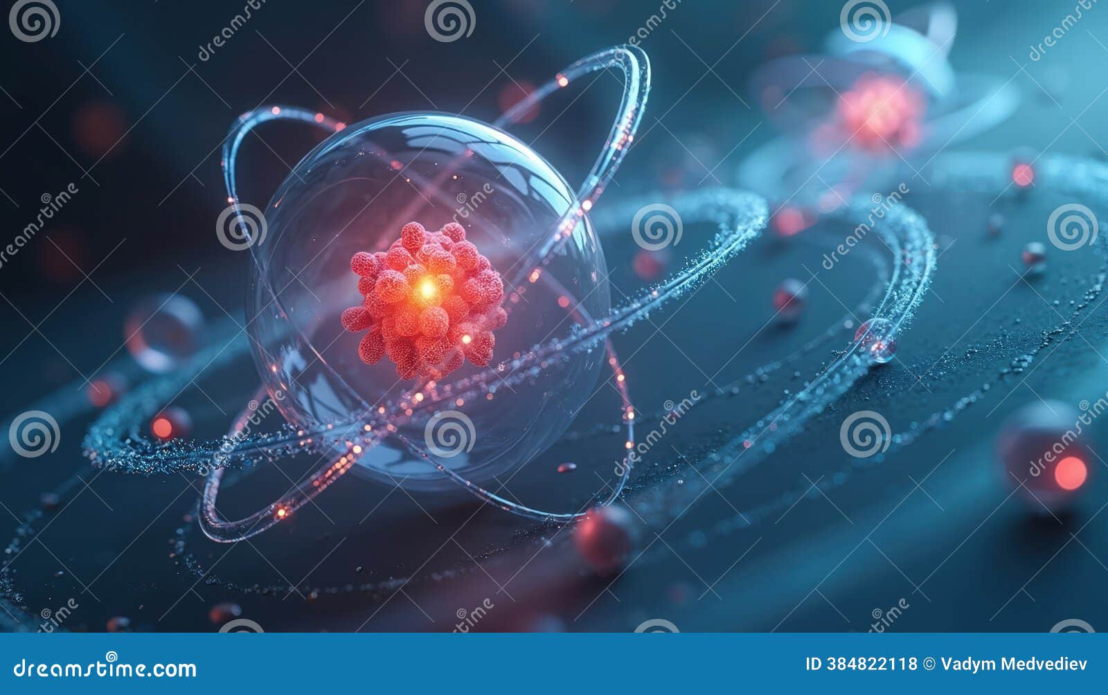 Schematic 3D Model Of Atom. Nucleus Center, Electrons Orbiting Around. Science, Education ...