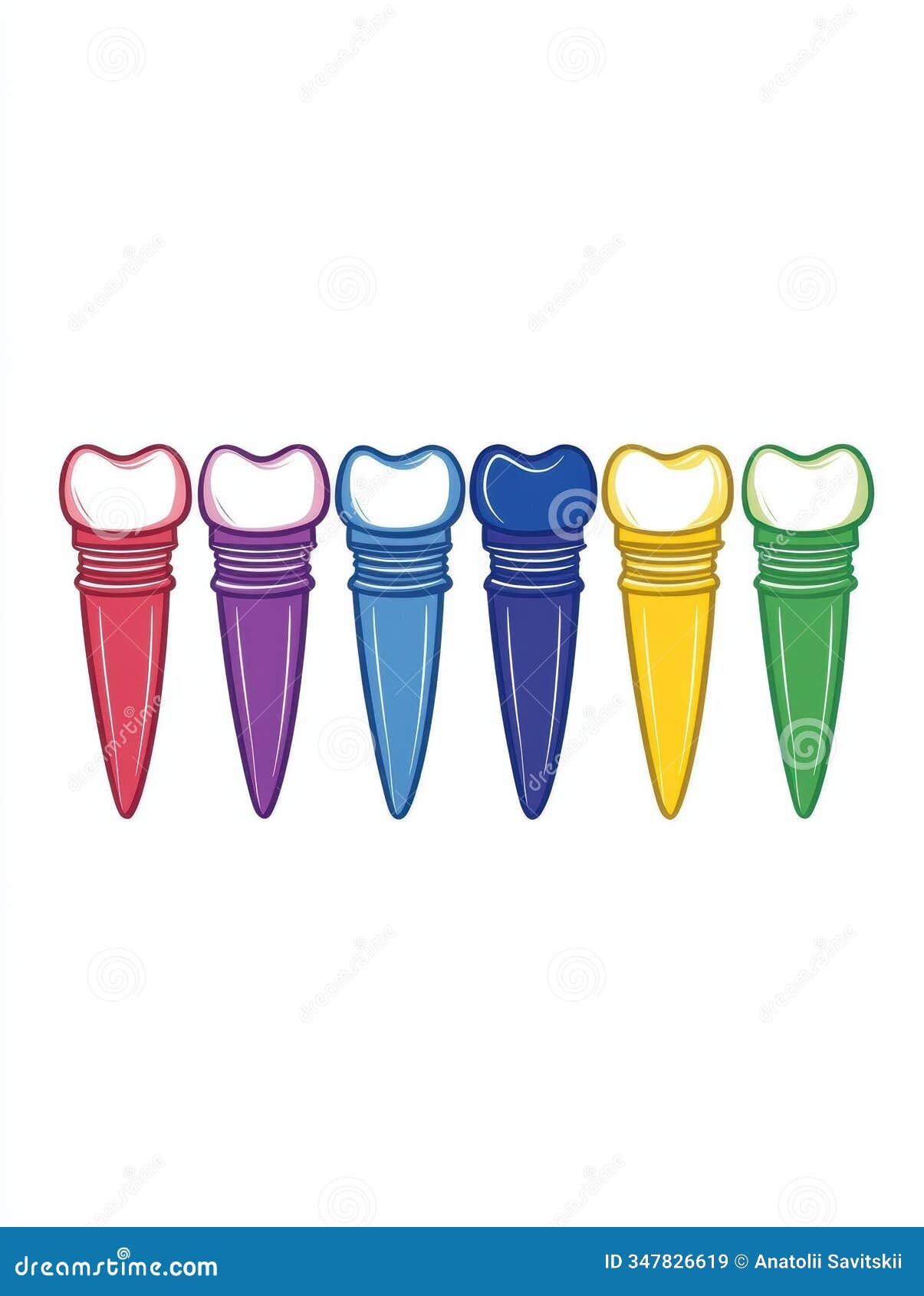 Schematic Displays a Row of Colored Dental Implants Interspersed with ...
