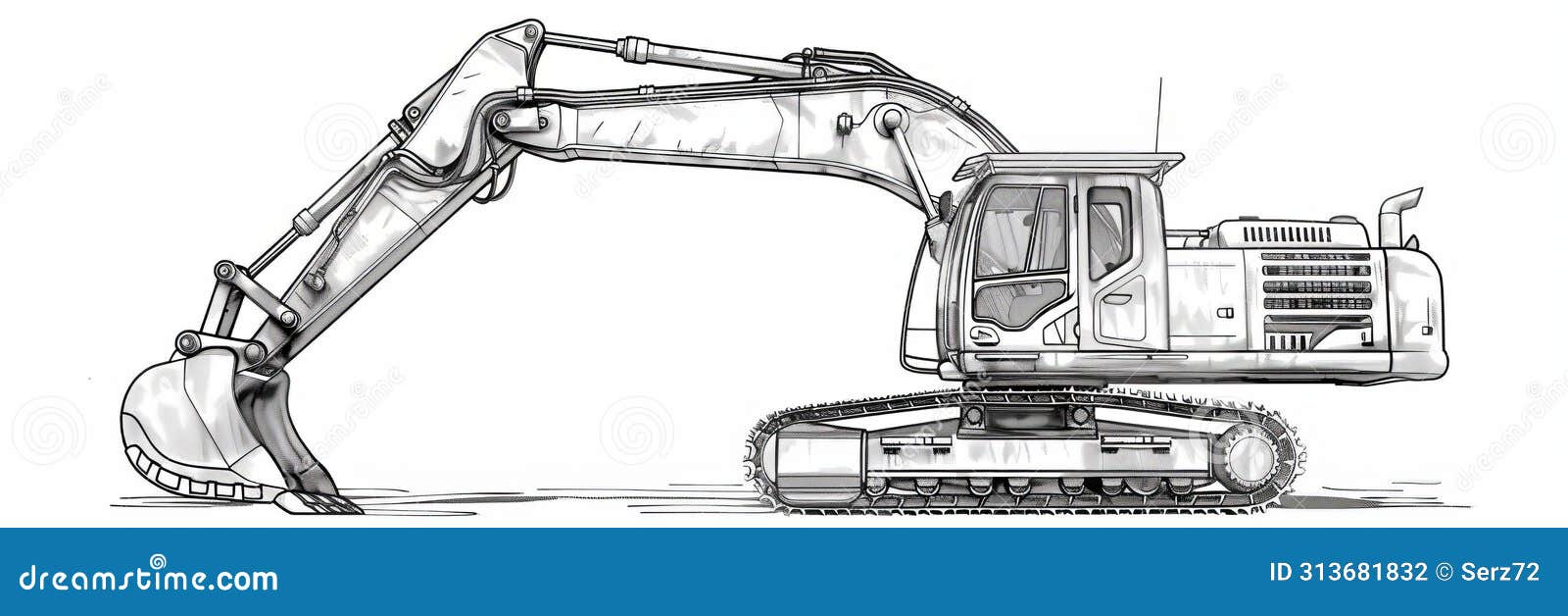 Schematic Technical Line Drawing of an Excavator with a Bucket on a ...