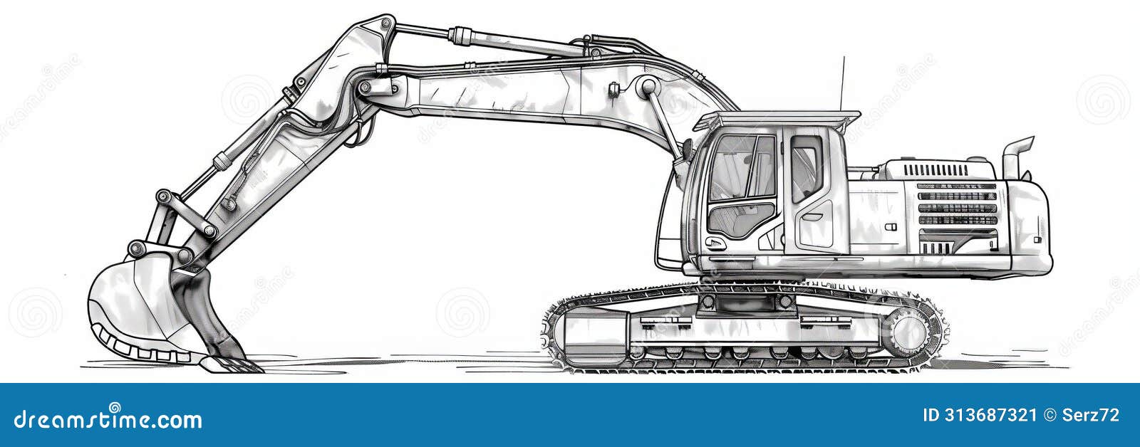 Schematic Technical Line Drawing of an Excavator with a Bucket on a ...