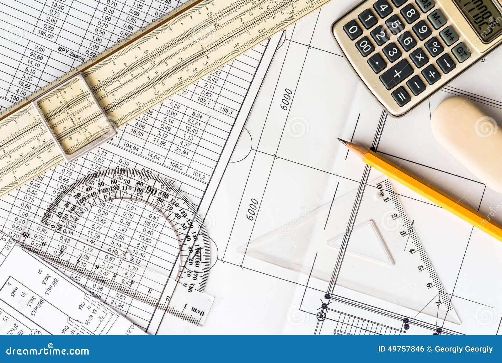 Schemes on the Table, Draw a Pencil, Draw a Ruler and Calculator Stock ...