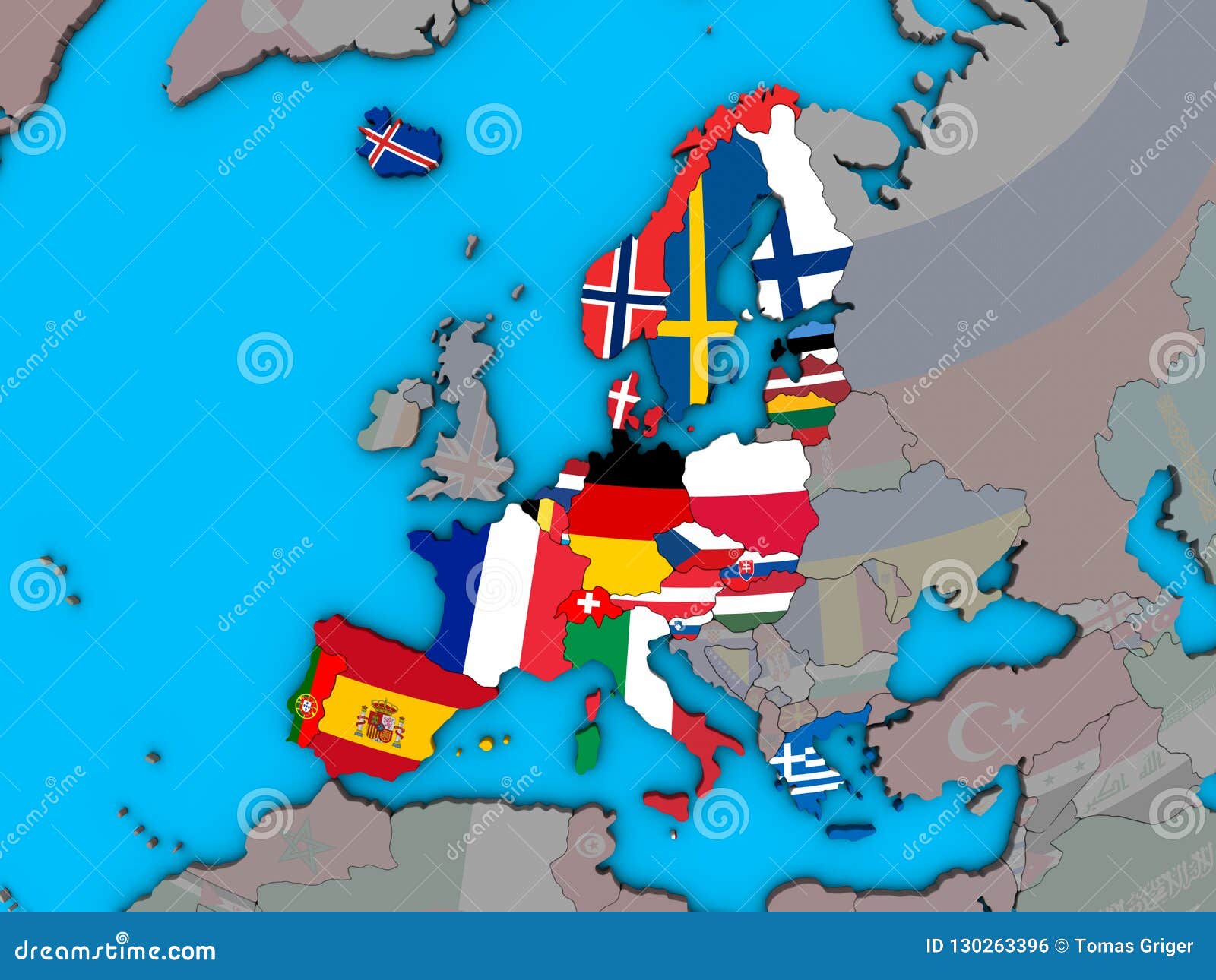 Schengen Area Members with Flags on 3D Map Stock Illustration ...